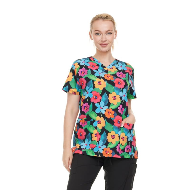 HEAL+WEAR Vibrant Floral V-Neck Scrub Top Stretch Comfort with Multi ...