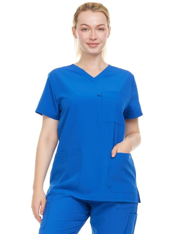 HEAL+WEAR Women’s V-Neck Multi-Pocket Scrub Top Stretch Comfort Fabric ...