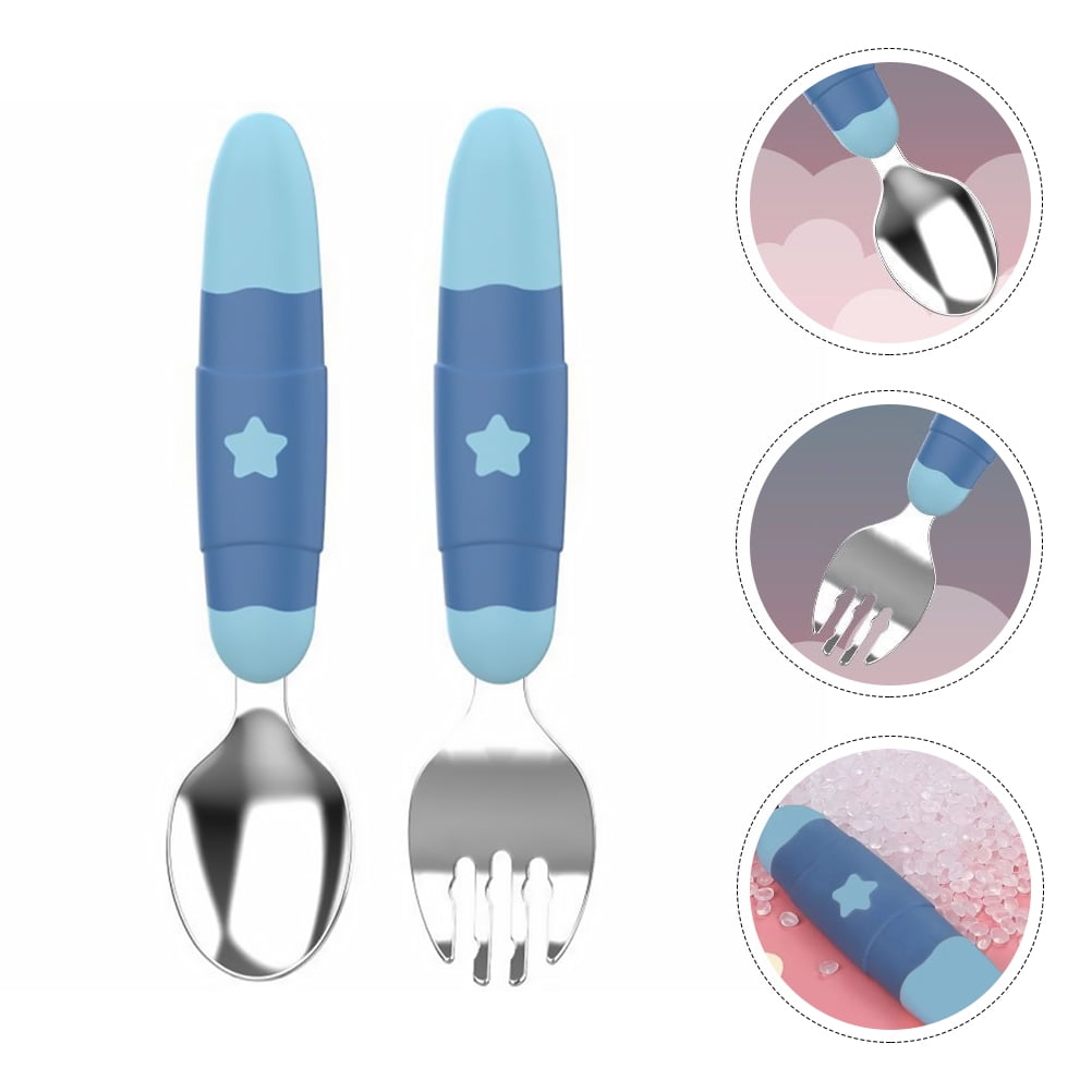 HEALEEP 1 Set Blue Ergonomic Stainless Steel Spoons and Forks Kids ...