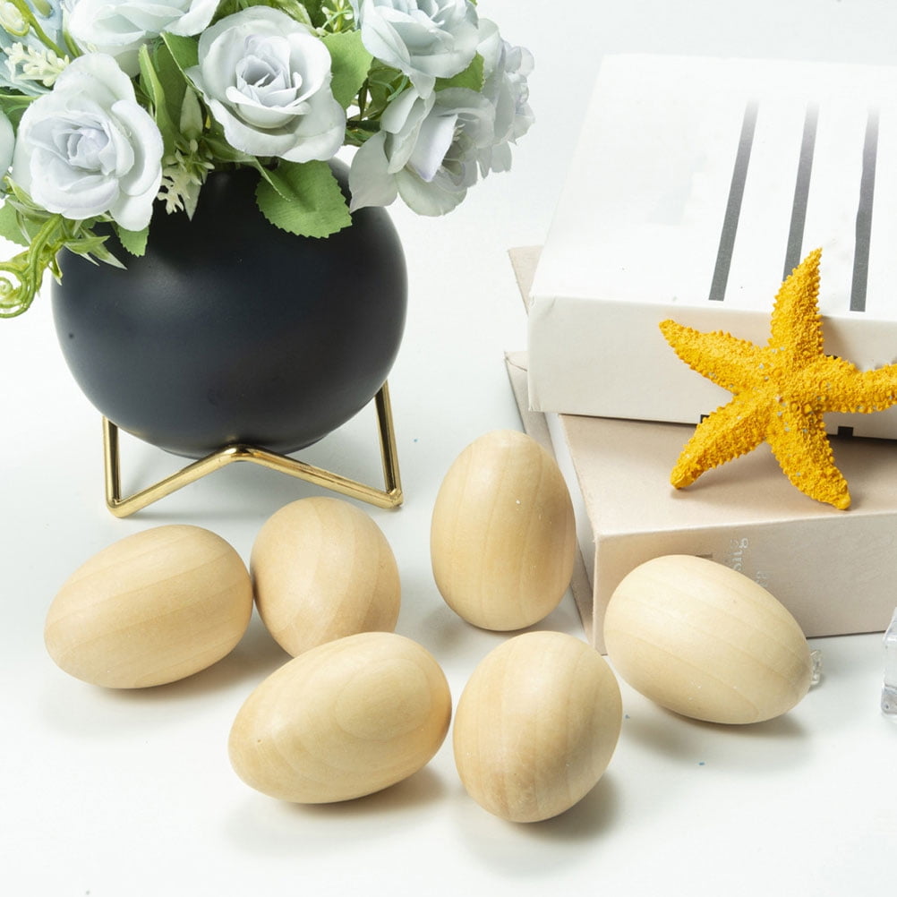 HEALEEP 6Pcs Wooden Eggs Unpainted Wood Eggs for Kids DIY Handicraft and Graffiti Egg Painting ...
