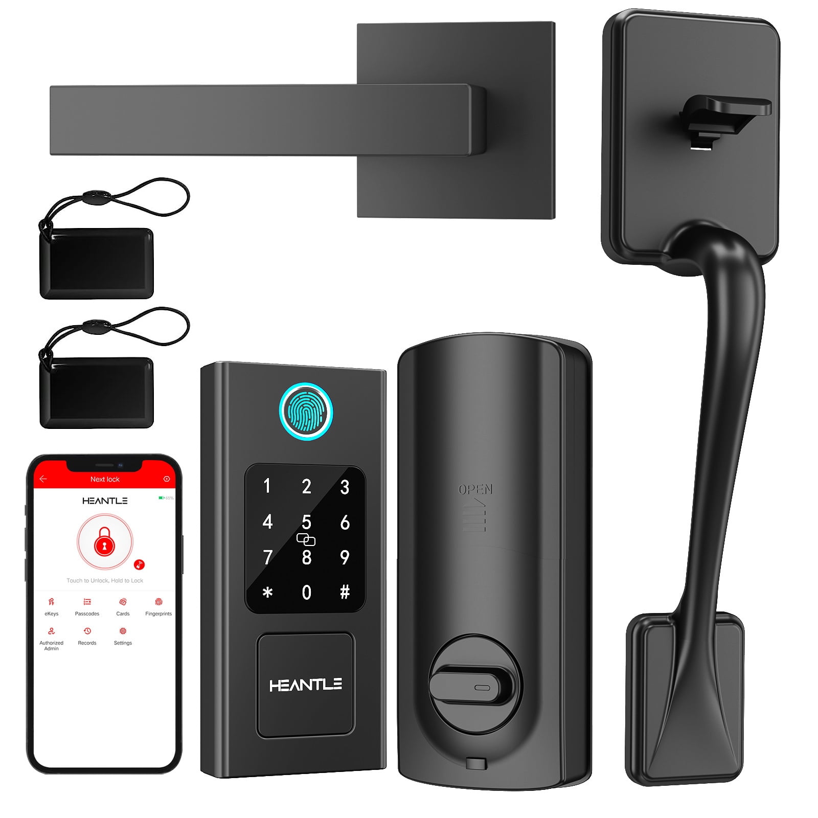 HEANTLE Smart Front Door Lock Set, Keyless Entry Door Lock Deadbolt with Handle Set, Fingerprint ...