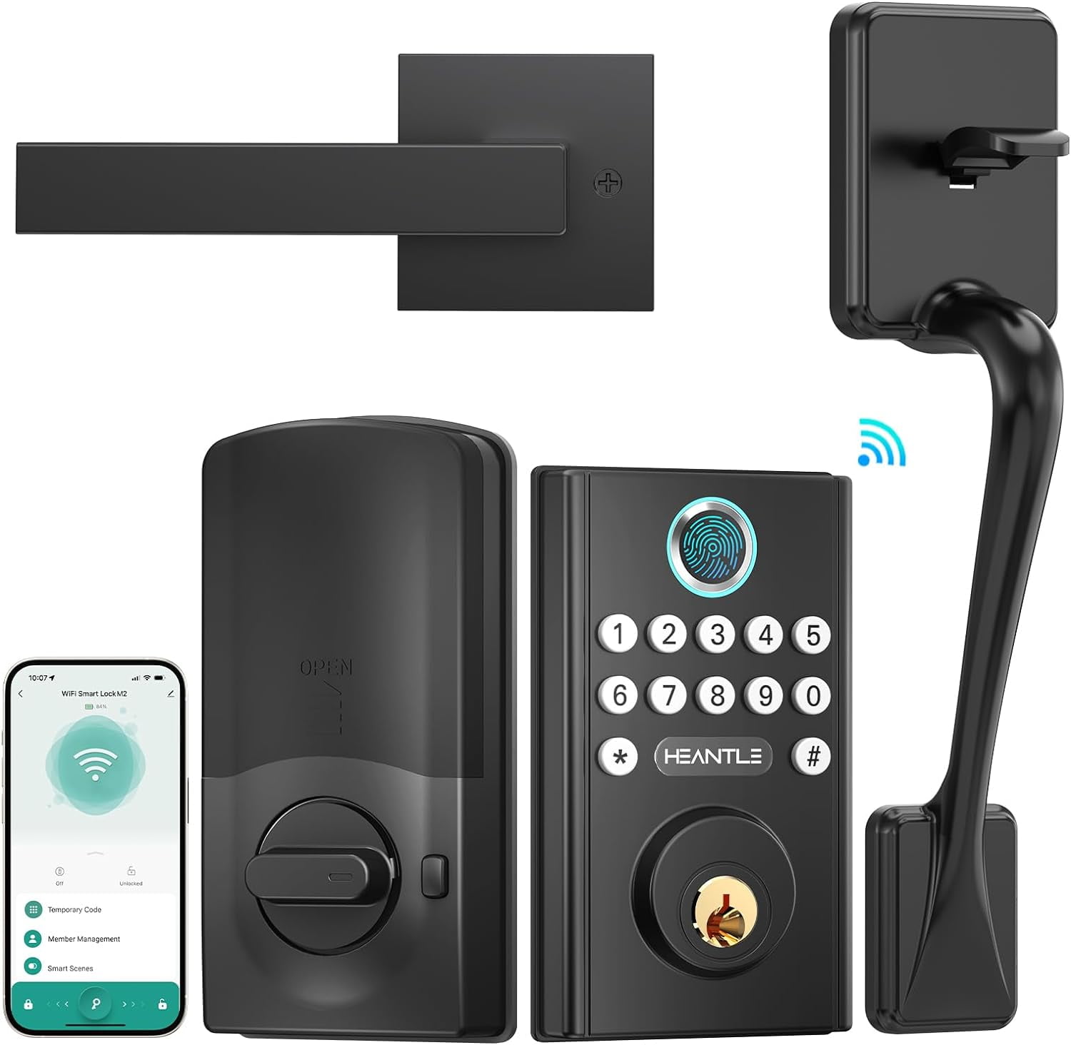 HEANTLE WiFi Front Door Lock with Handle, Keyless Smart Lock Set Entry Door Locks Keypad ...