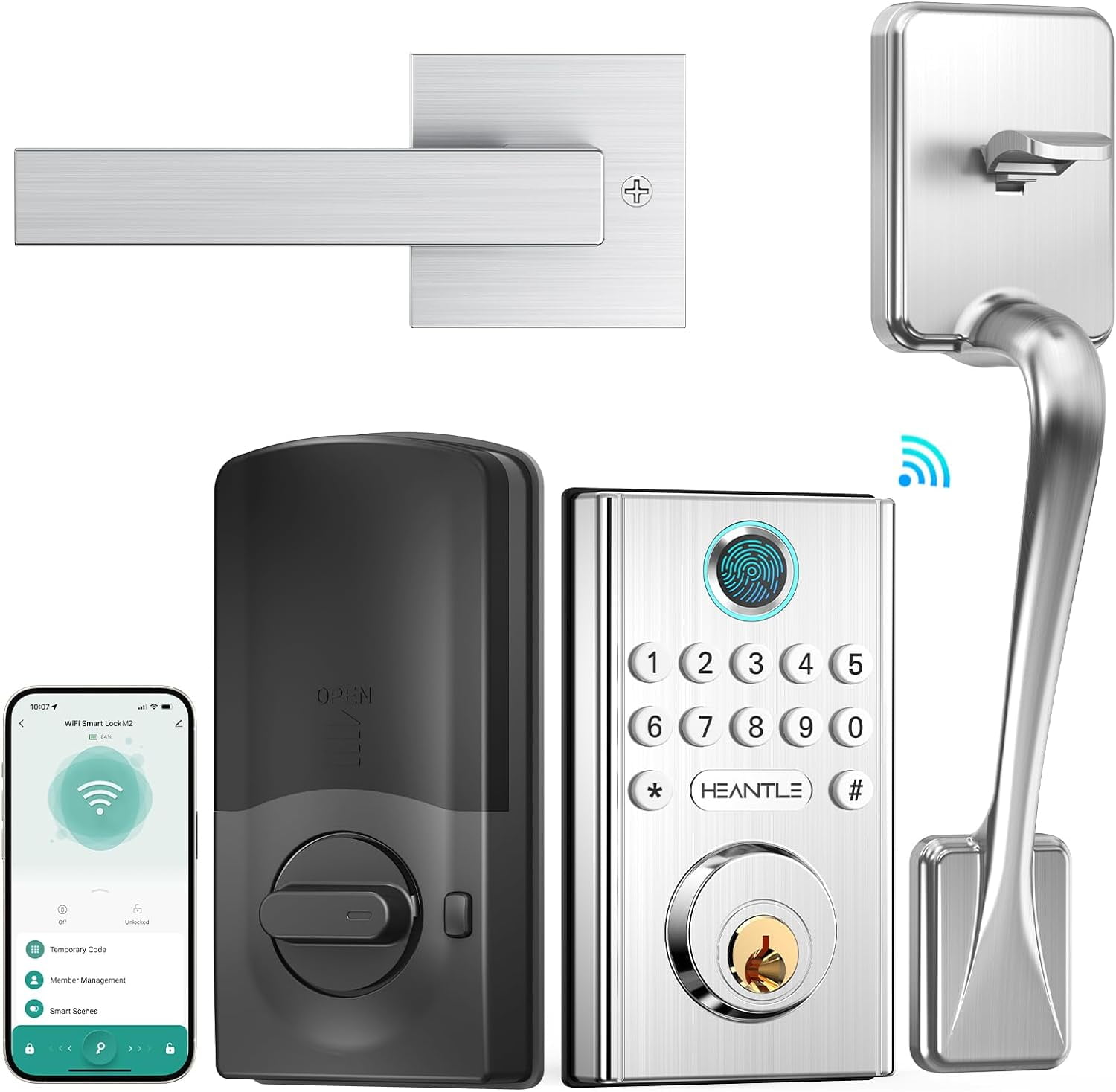 HEANTLE WiFi Smart Door Lock Set, Keyless Entry Door Lock with Handle Fingerprint Deadbolt ...