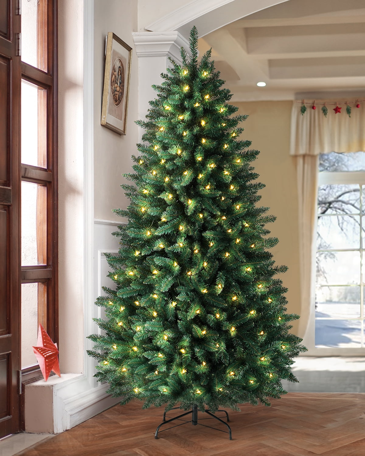 OASISCRAFT 6.5FT Pre-lit Christmas Tree with 300 Lights, Foldable Stand ...