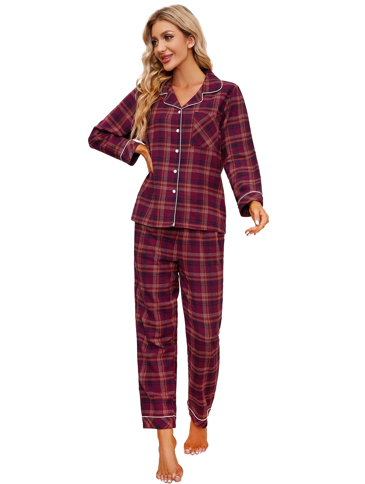 HEARTNICE 100% Cotton Pajama Set for Women, Button Down Plaid Sleepwear ...