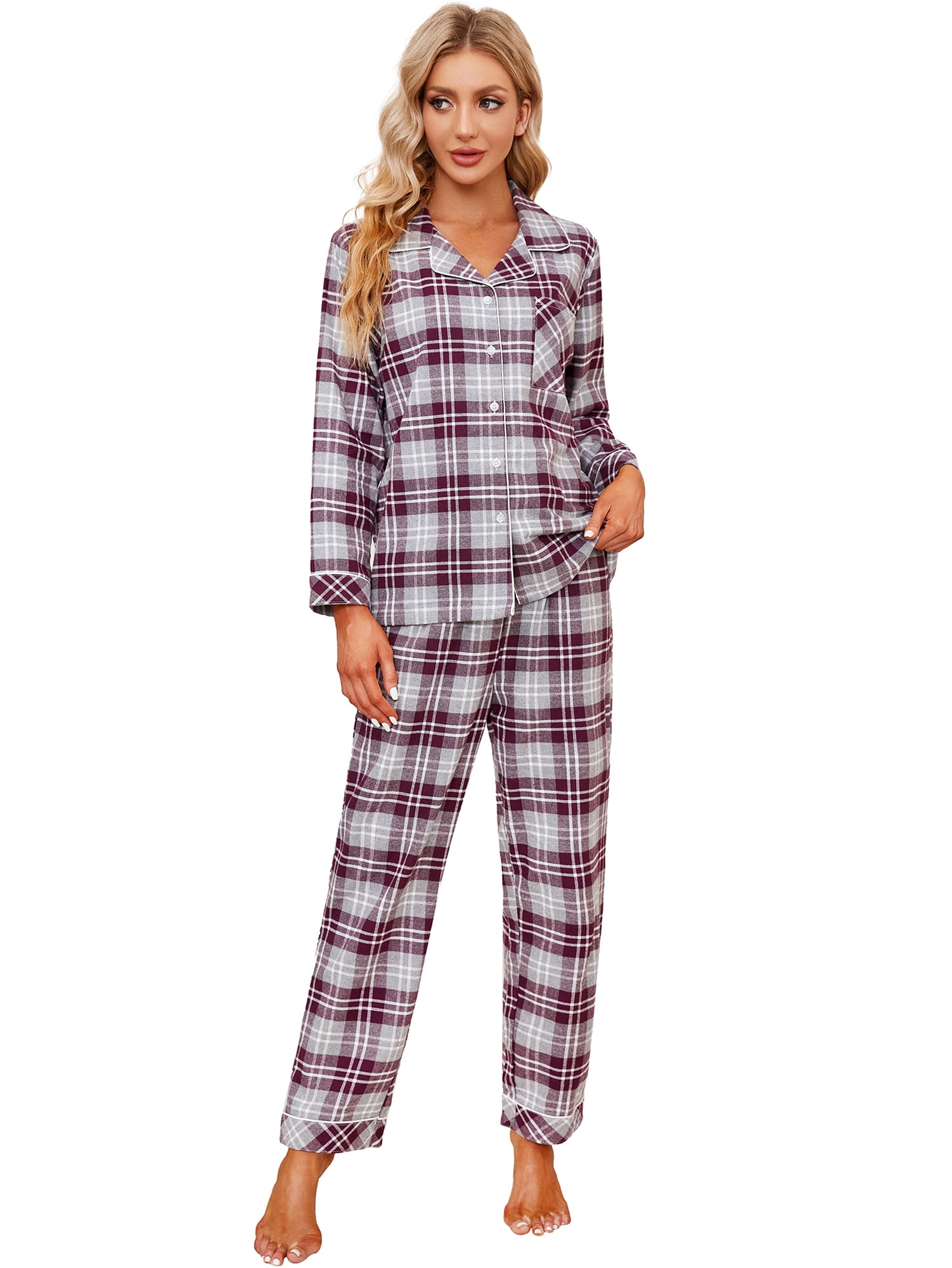 HEARTNICE 100% Cotton Pajama Set for Women, Button Down Plaid Sleepwear ...