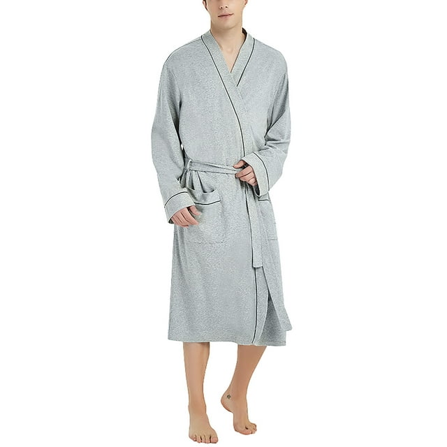 HEARTNICE Mens Robe 100% Cotton, Soft Lightweight Knit Spa Long Bathrobe,(Grey,2XL-3XL ...
