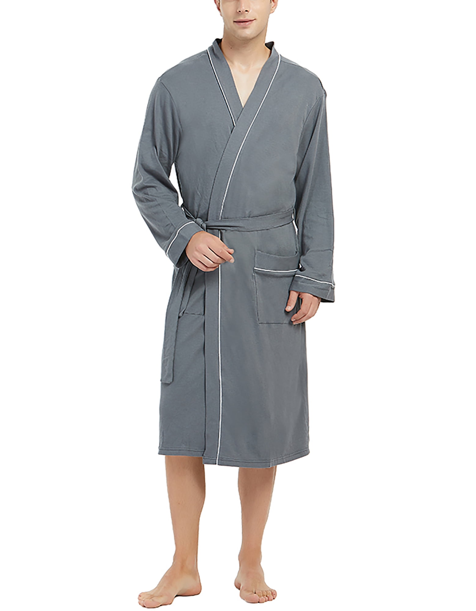 HEARTNICE Mens Robe 100% Cotton, Soft Lightweight Knit Spa Long Bathrobe,(Iron Gray,S-M ...