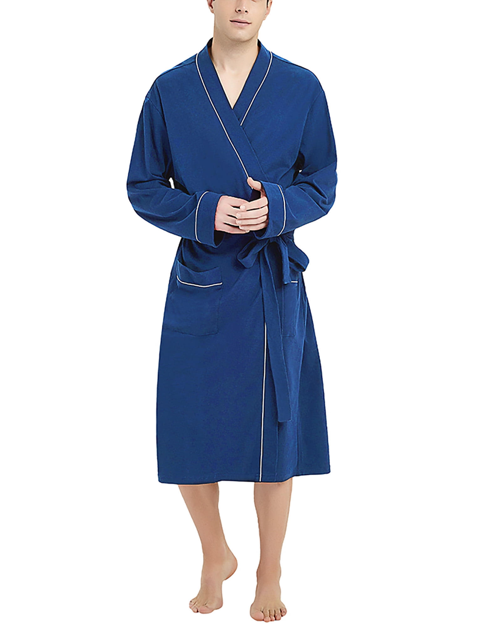 HEARTNICE Mens Robe 100% Cotton, Soft Lightweight Knit Spa Long Bathrobe,(Royal Blue,L-XL ...