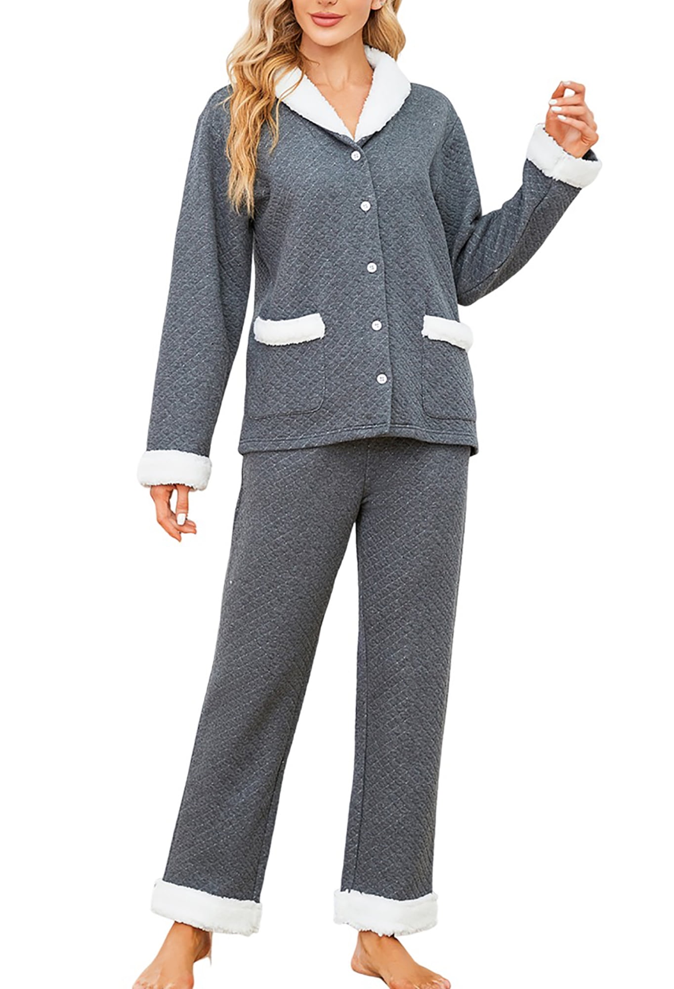HEARTNICE Women Button-Down Pajama Set, Soft Quilted Sherpa Shawl ...