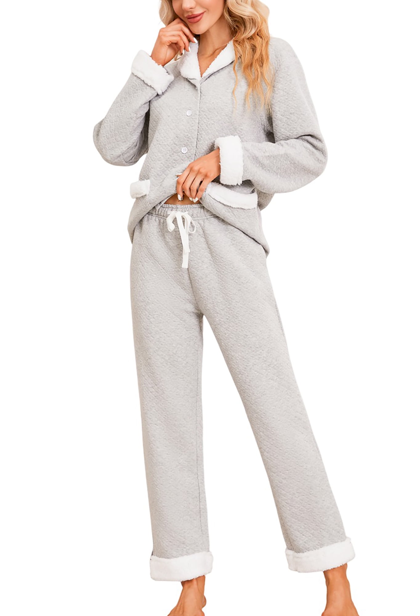 HEARTNICE Women Button-Down Pajama Set, Soft Quilted Sherpa Shawl ...