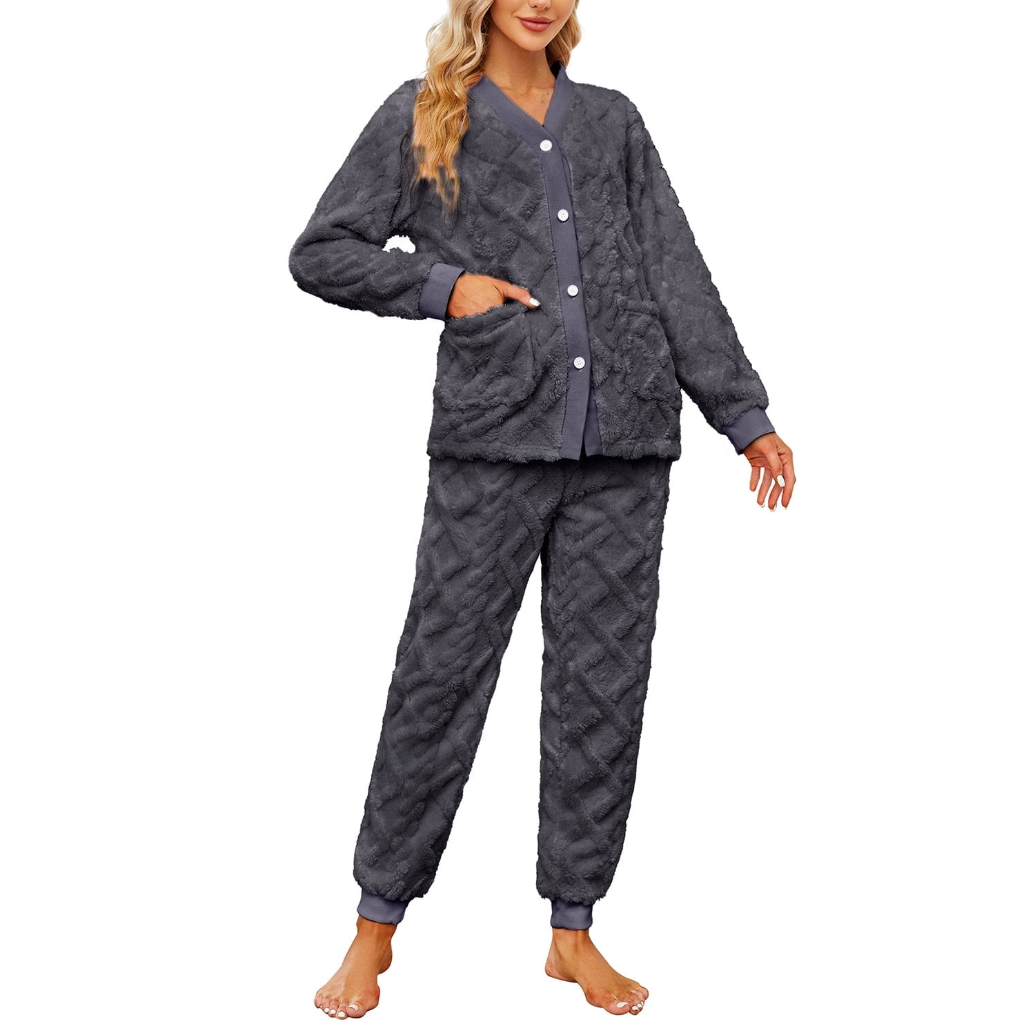 HEARTNICE Women Fuzzy Pajama Set, Warm Fluffy Sleepwear Plush ...