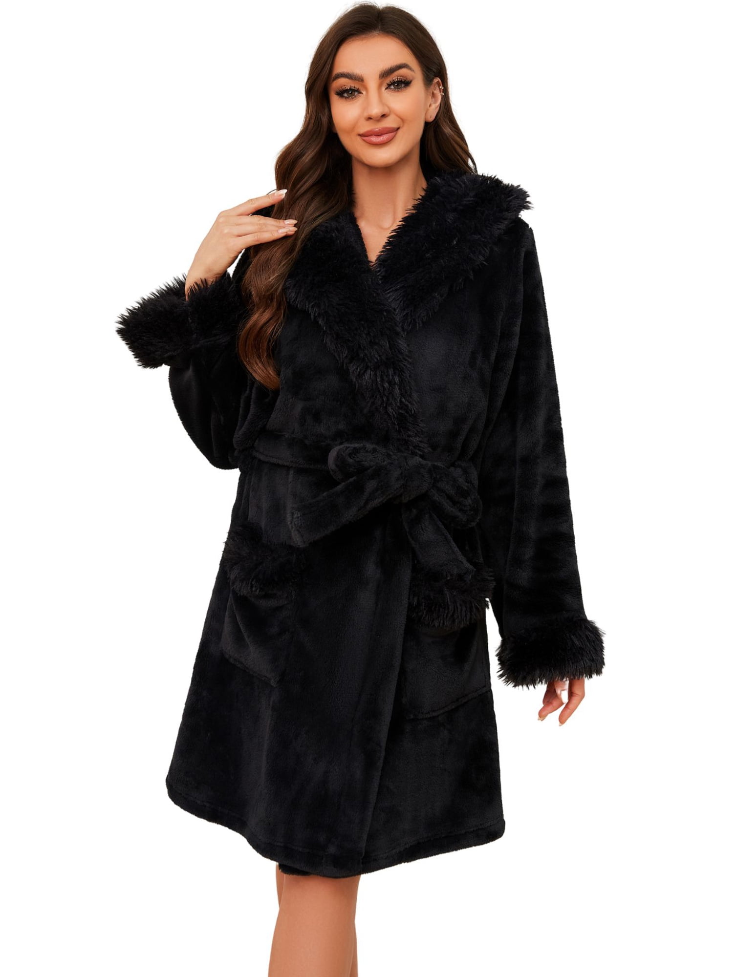 HEARTNICE Women Plush Short Robe, Hooded Fleece Bathrobe Fluffy Warm ...