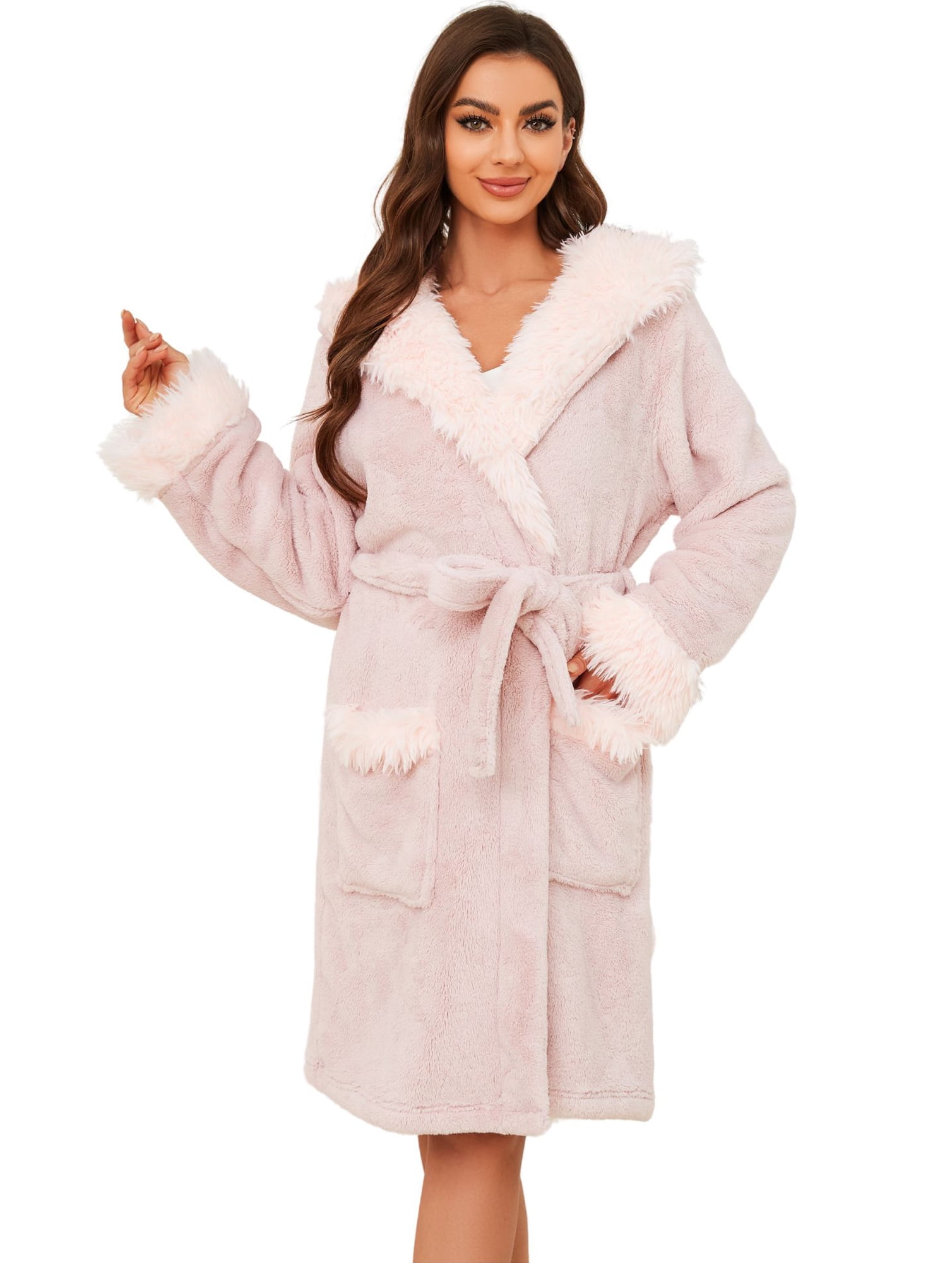 HEARTNICE Women Plush Short Robe, Hooded Fleece Bathrobe Fluffy Warm ...