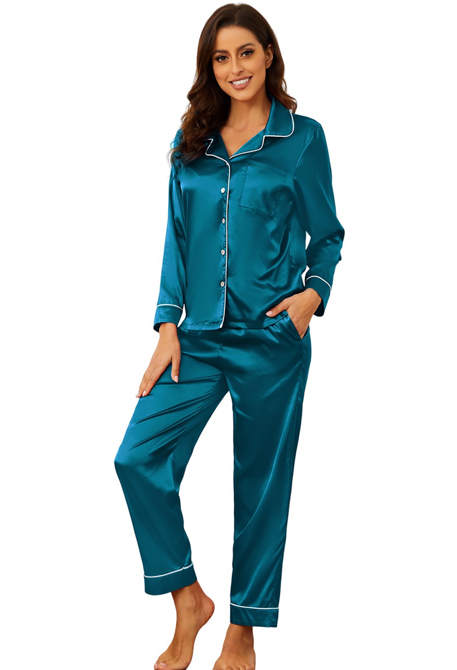 HEARTNICE Women Silk Pajamas Set, Button Down Satin Sleepwear ...