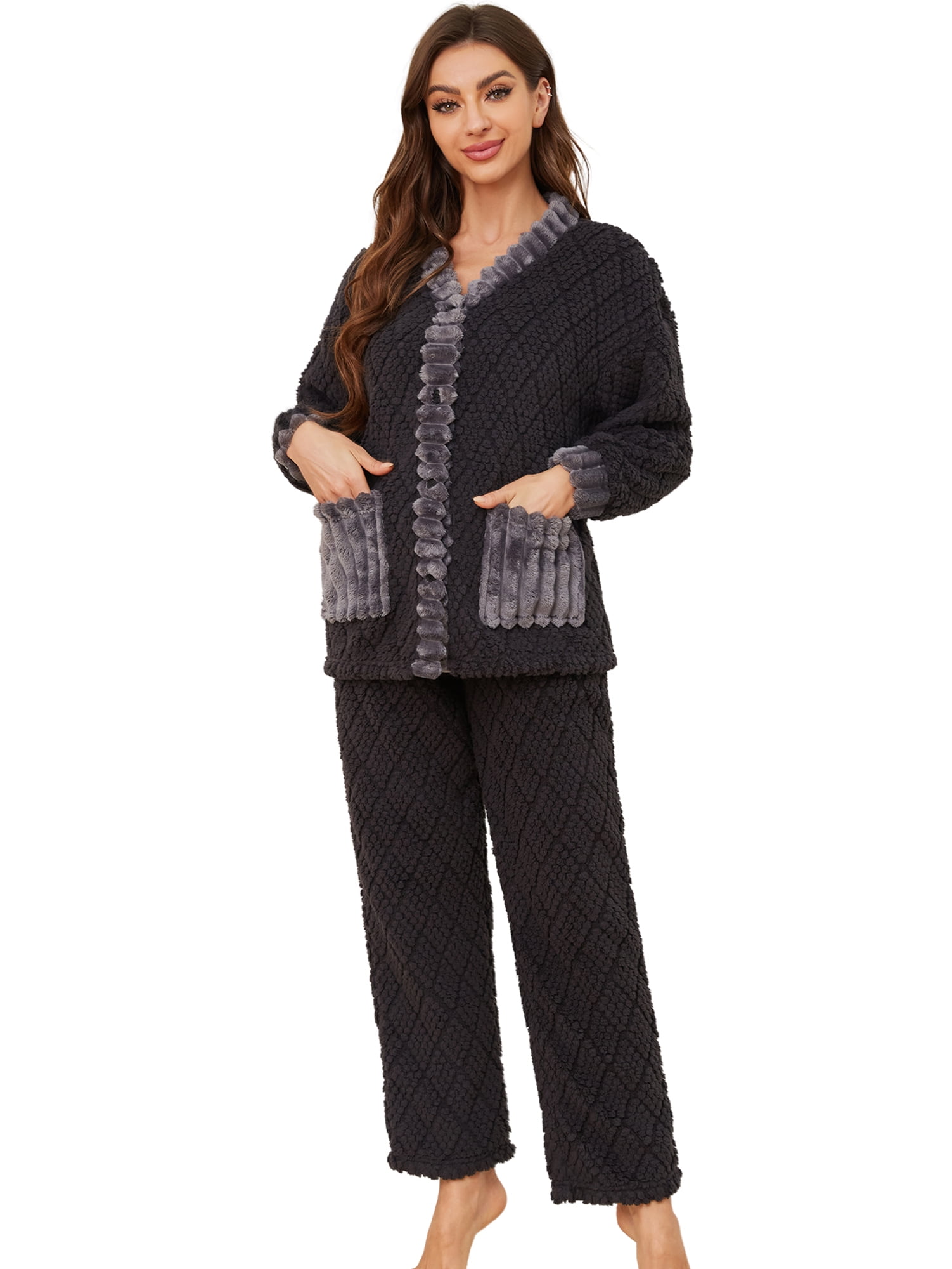 HEARTNICE Women's Fleece Pajama Set, Cozy Plush Lounge Sleepwear Jacquard Pjs set,(Black+Dark ...