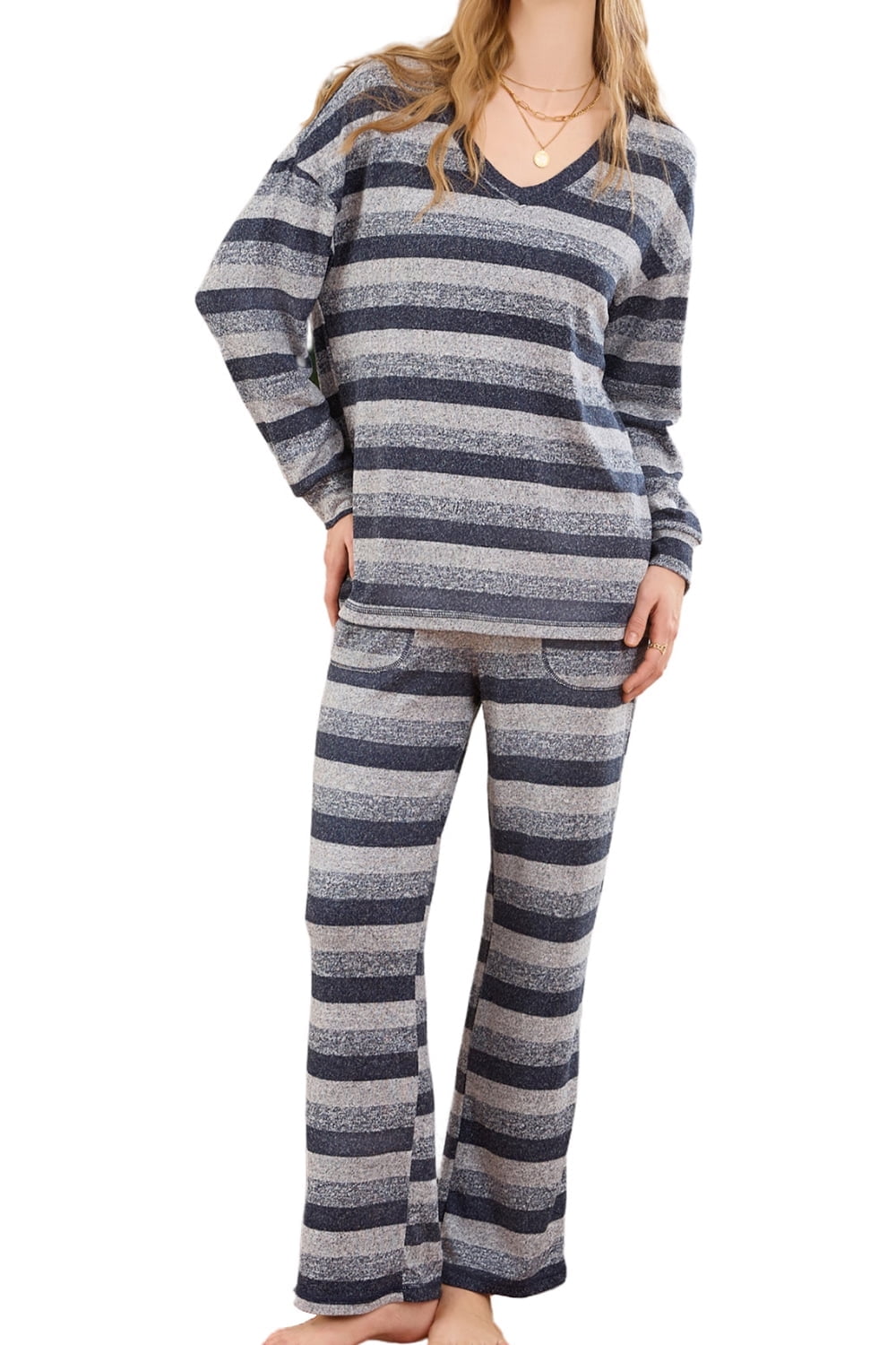 HEARTNICE Women's Soft Knit Pajama Set, V-neck Striped Long Sleeve ...