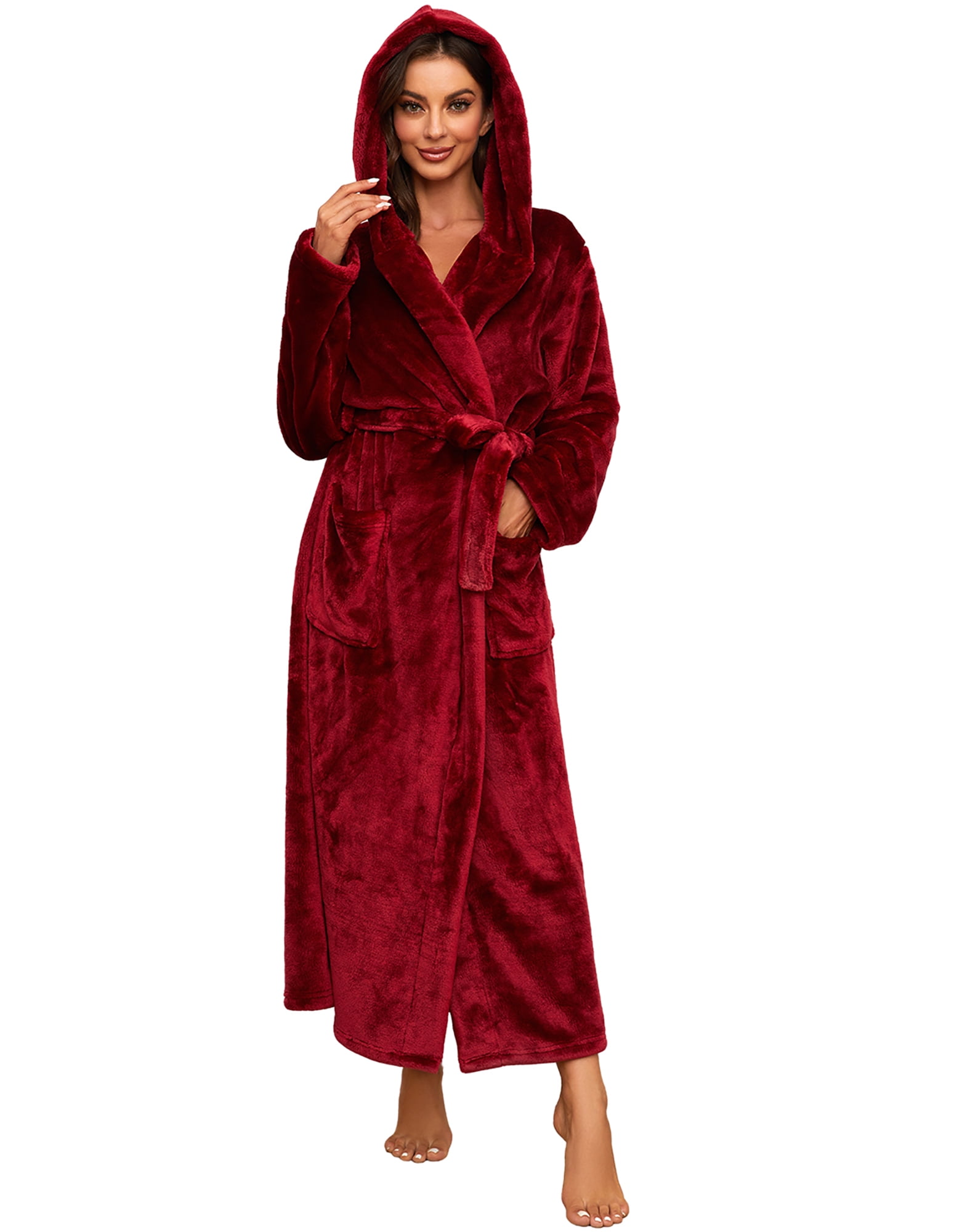 HEARTNICE Womens Fleece Hooded Robe, Soft Full Length Thick Plush Bathrobe House Coat,(Burgundy ...