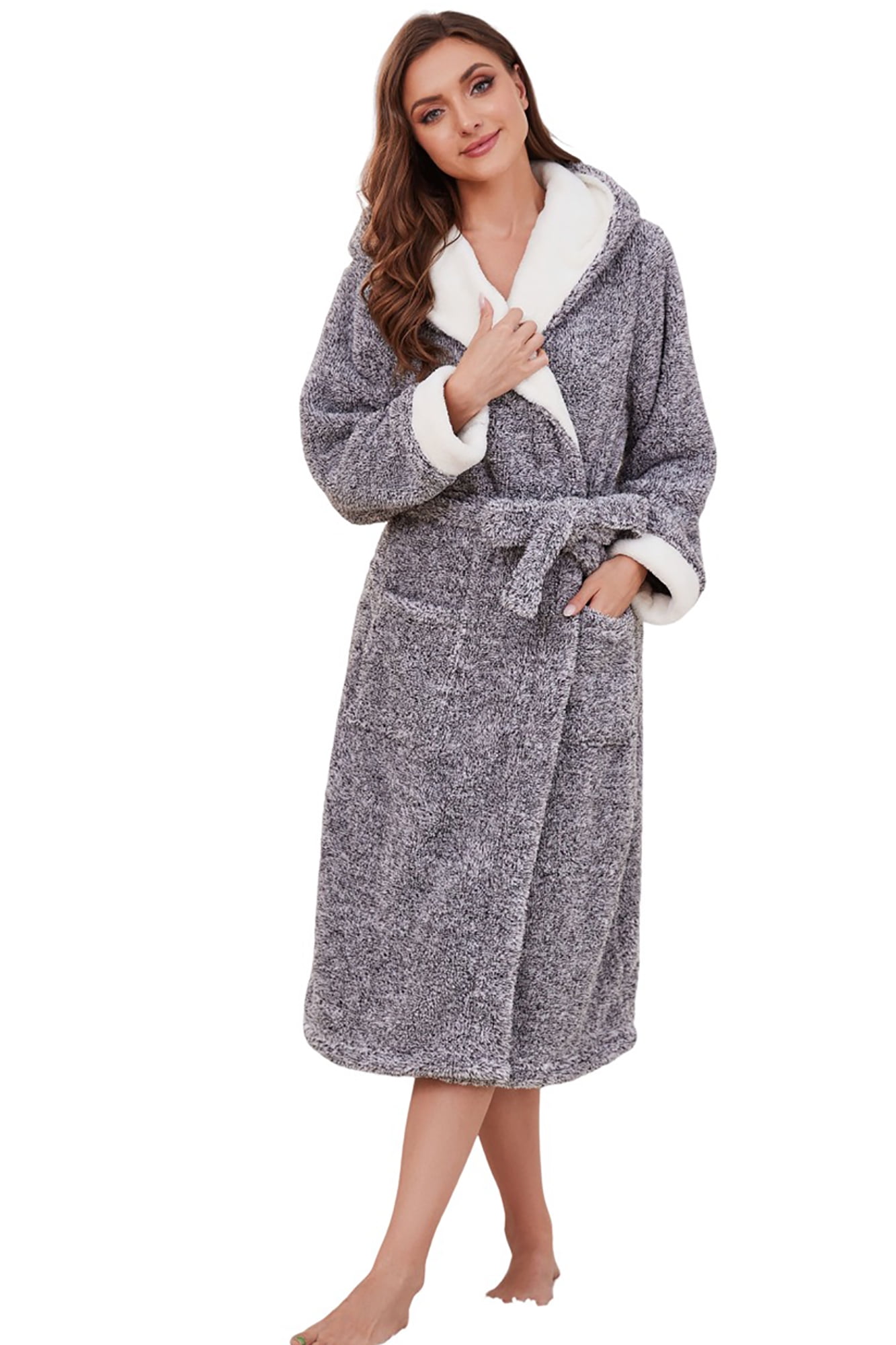 HEARTNICE Womens Fleece Robes, Hooded Warm Long Bathrobe Fluffy ...