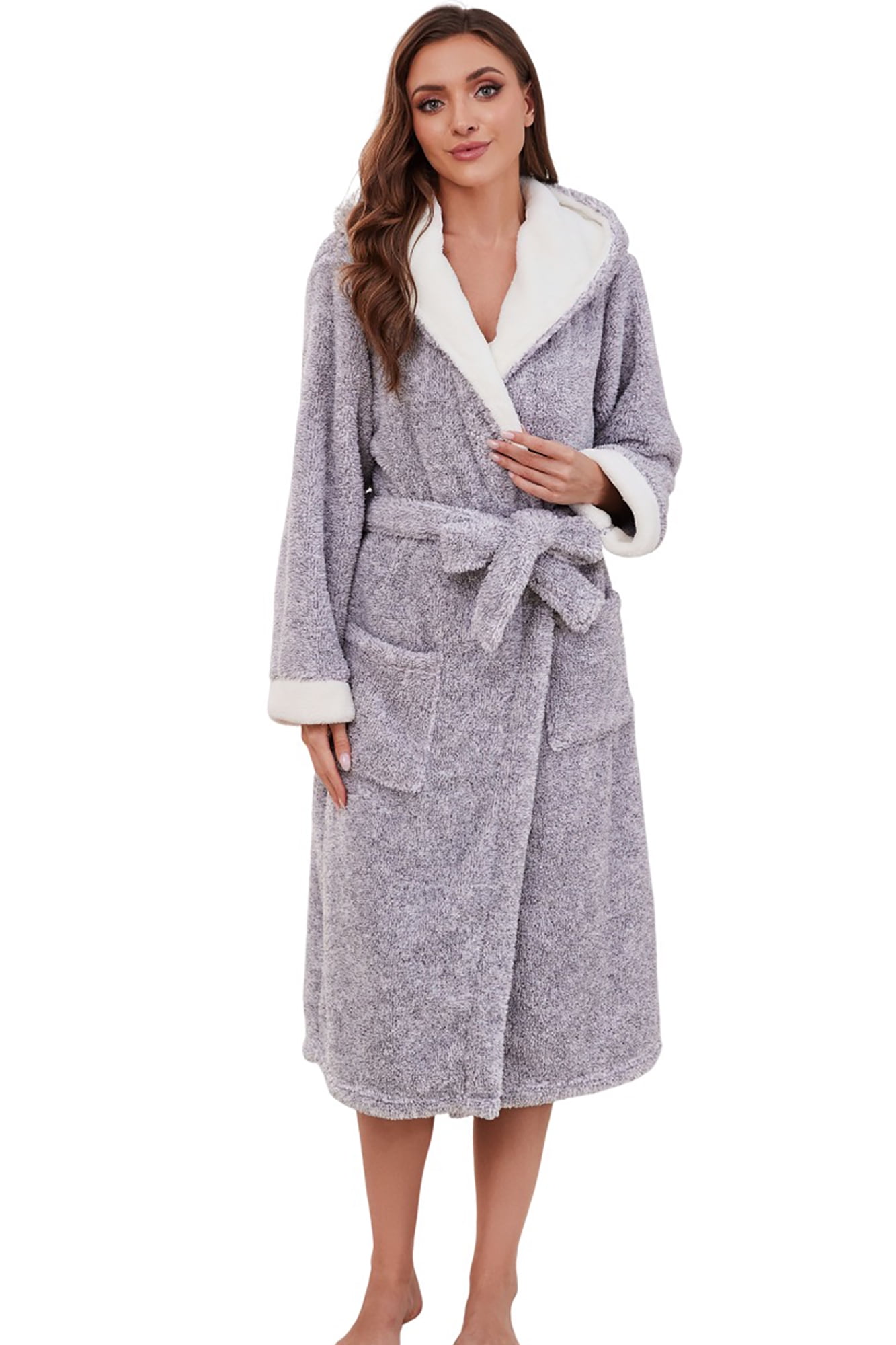 HEARTNICE Womens Fleece Robes, Hooded Warm Long Bathrobe Fluffy ...