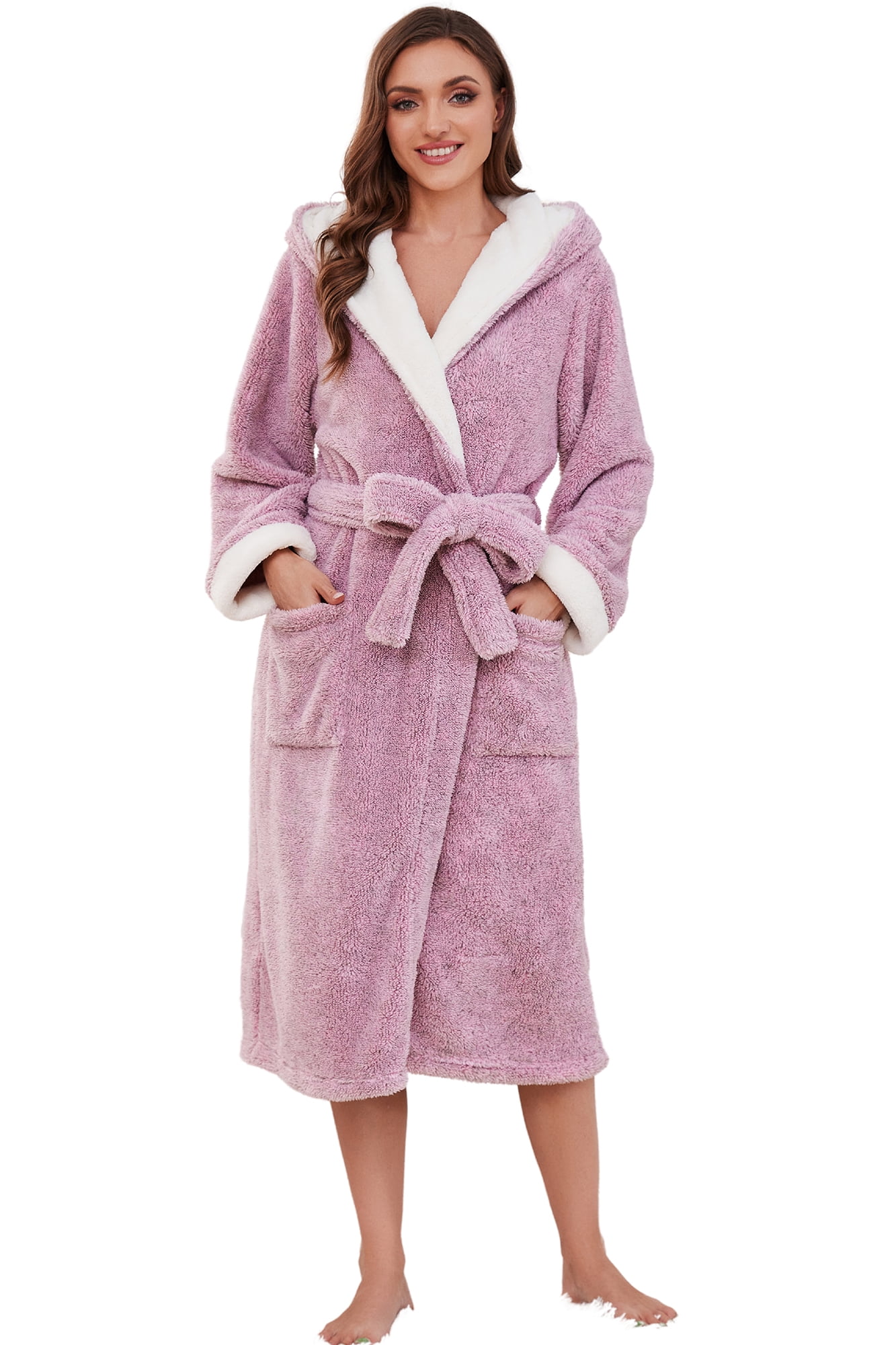 HEARTNICE Womens Fleece Robes, Hooded Warm Long Bathrobe Fluffy ...