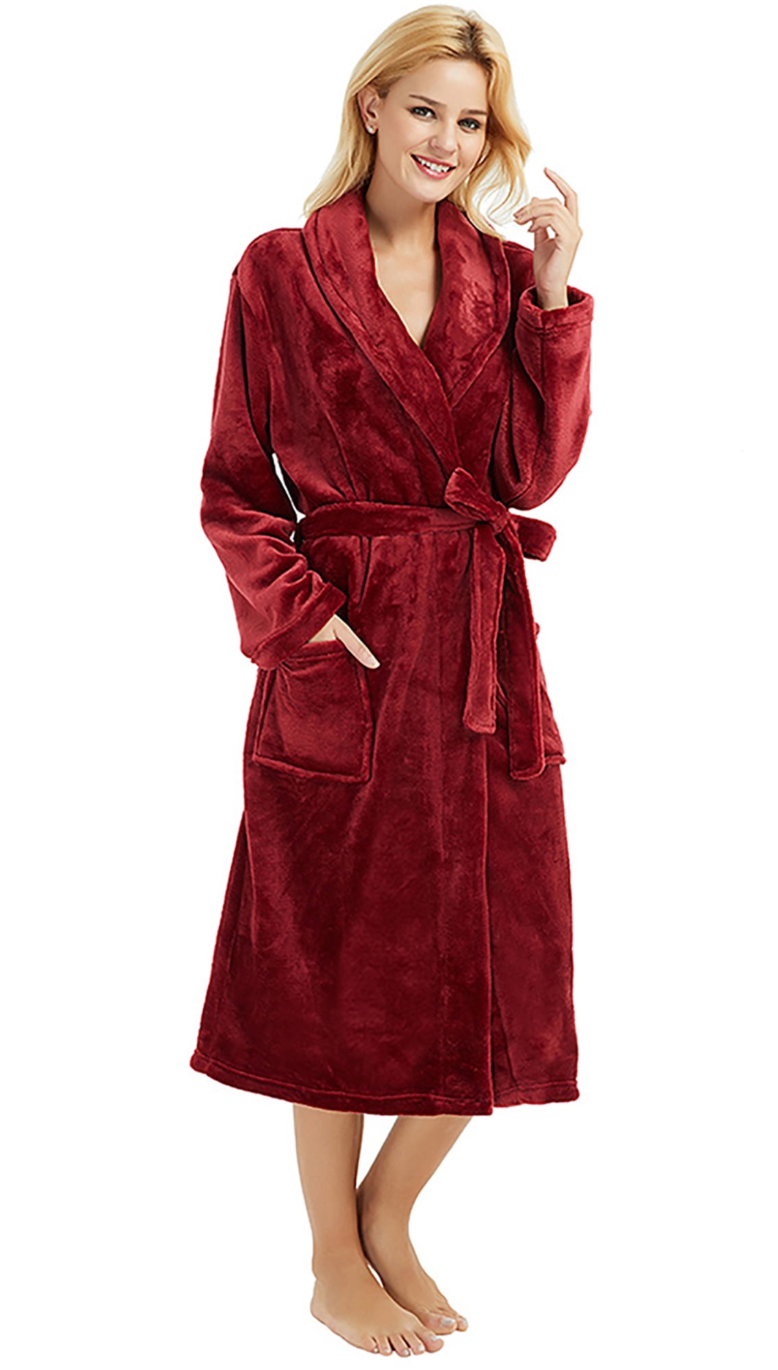 HEARTNICE Women's Plush Fleece Bathrobe, Long Warm Robe with Pockets, Wine, L-XL - Walmart.com