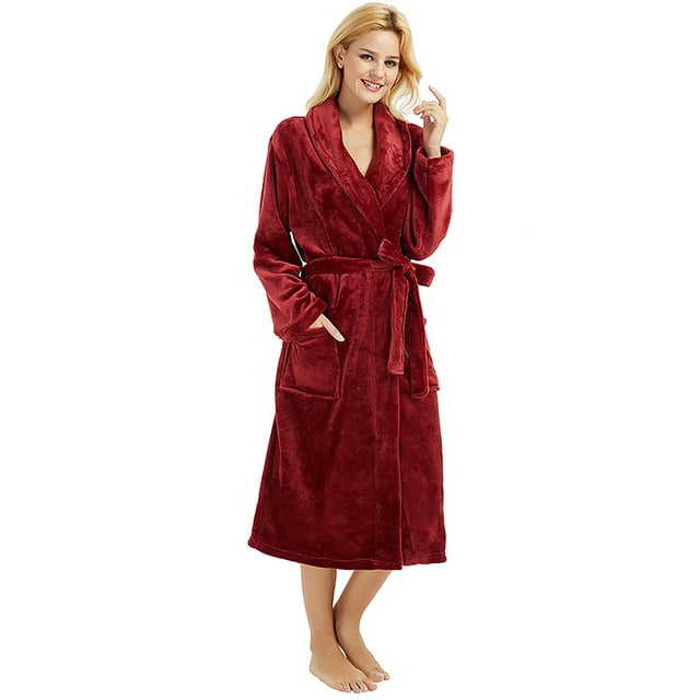 HEARTNICE Womens Full Length Fleece Robes, Long Plush Warm Bathrobes with Fuzzy Belt, Wine, Size ...