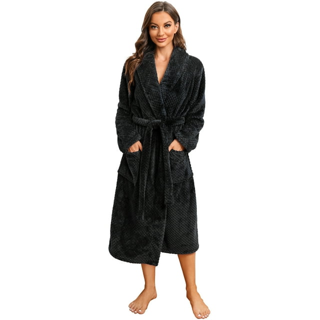 HEARTNICE Full Length Women's Fleece Robe, Warm Plush Pineapple Pattern Bathrobe in Black Size L ...