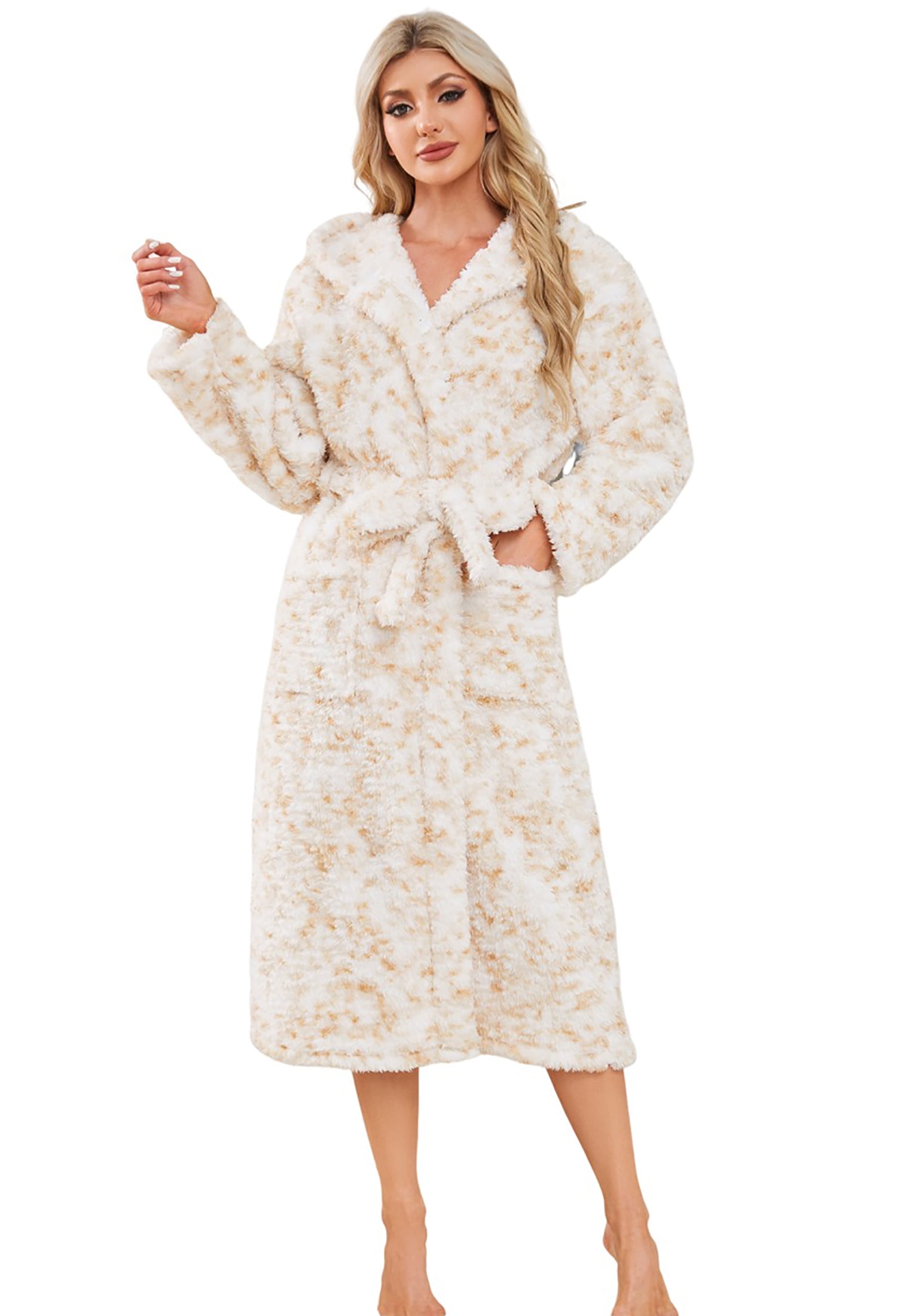 HEARTNICE Womens Hooded Fleece Robe, Fluffy Warm Plush Bathrobe Soft ...