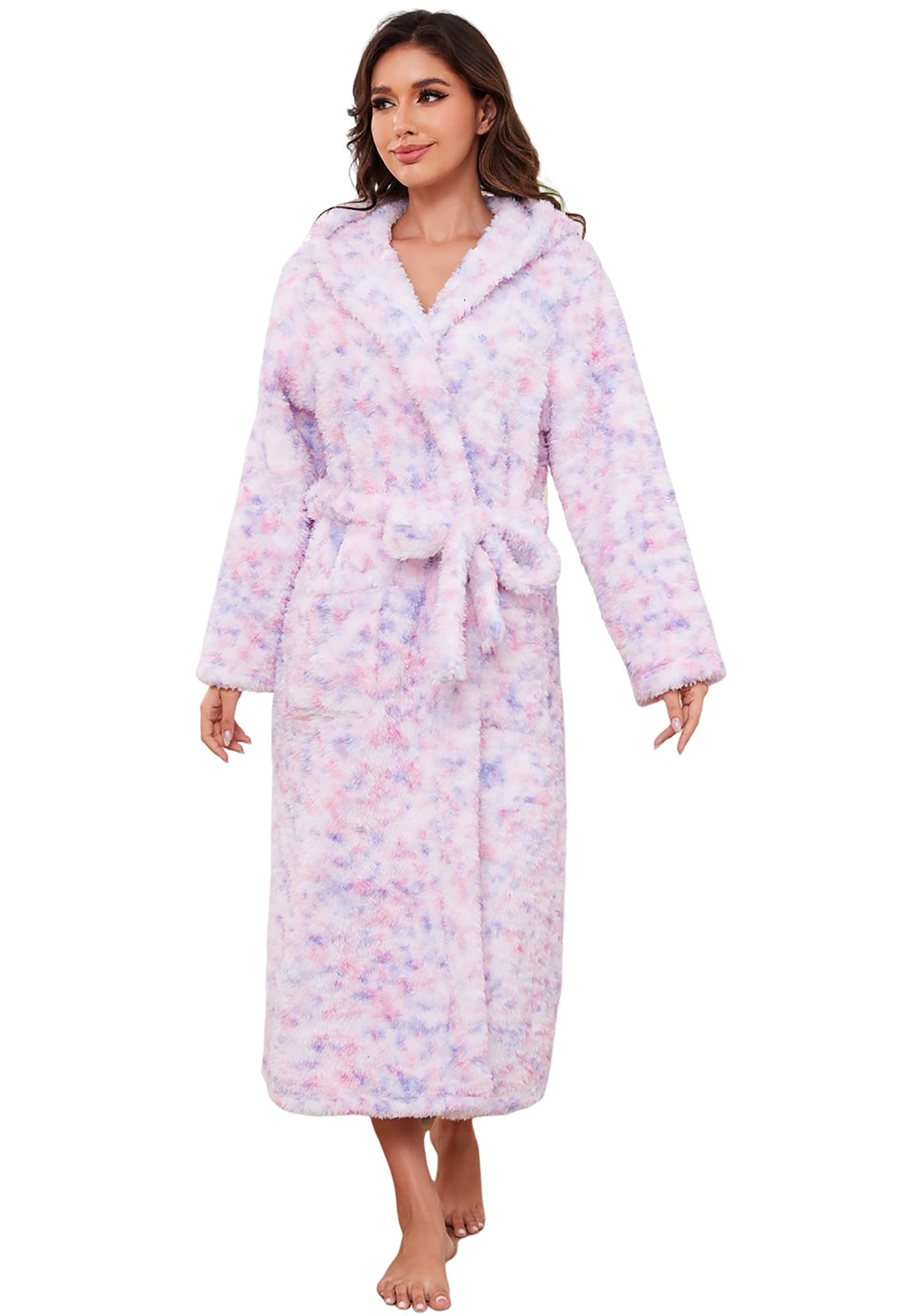 HEARTNICE Womens Hooded Fleece Robe, Fluffy Warm Plush Bathrobe Soft ...