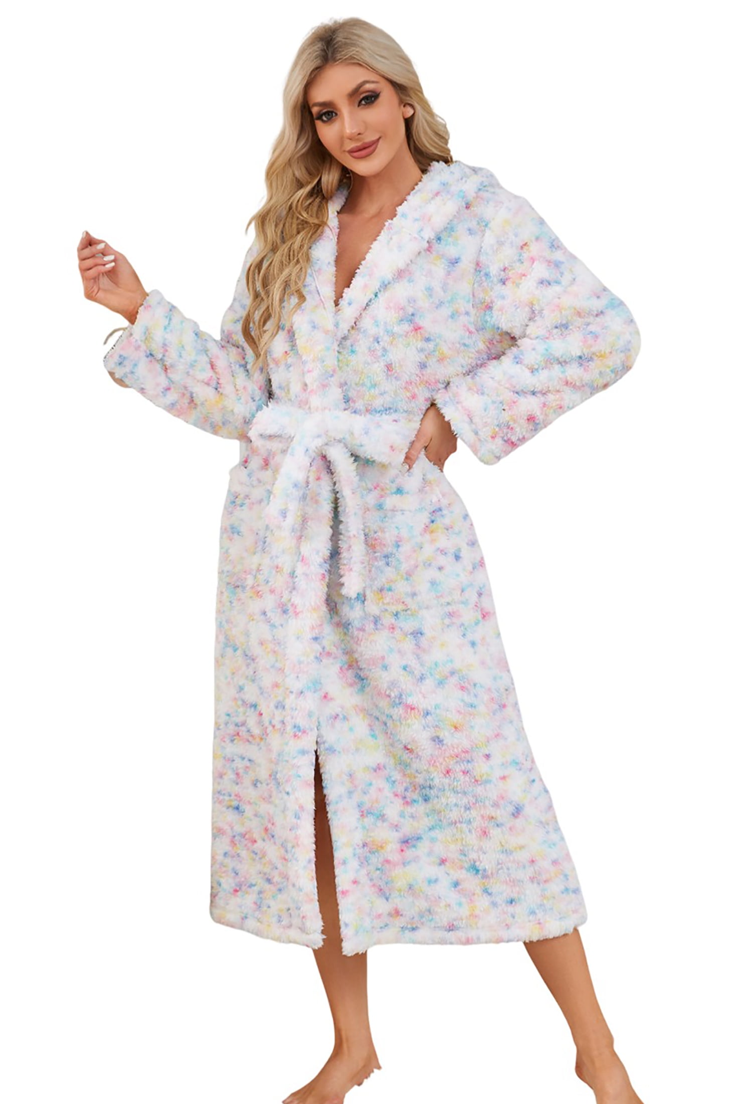 HEARTNICE Womens Hooded Fleece Robe, Fluffy Warm Plush Bathrobe Soft Spa House Coat,(Pink Yellow ...