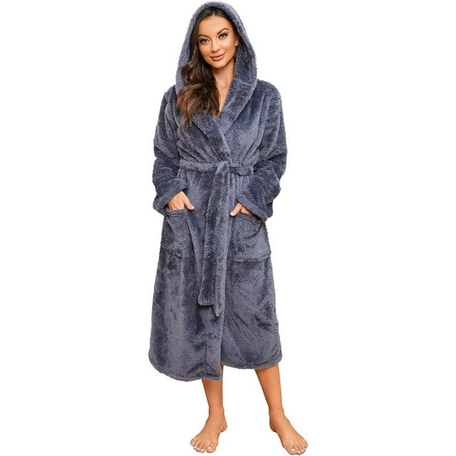 HEARTNICE Full Length Hooded Fleece Bath Robe, Womens Thick Warm Plush Bathrobe (Dark Grey, XXL ...