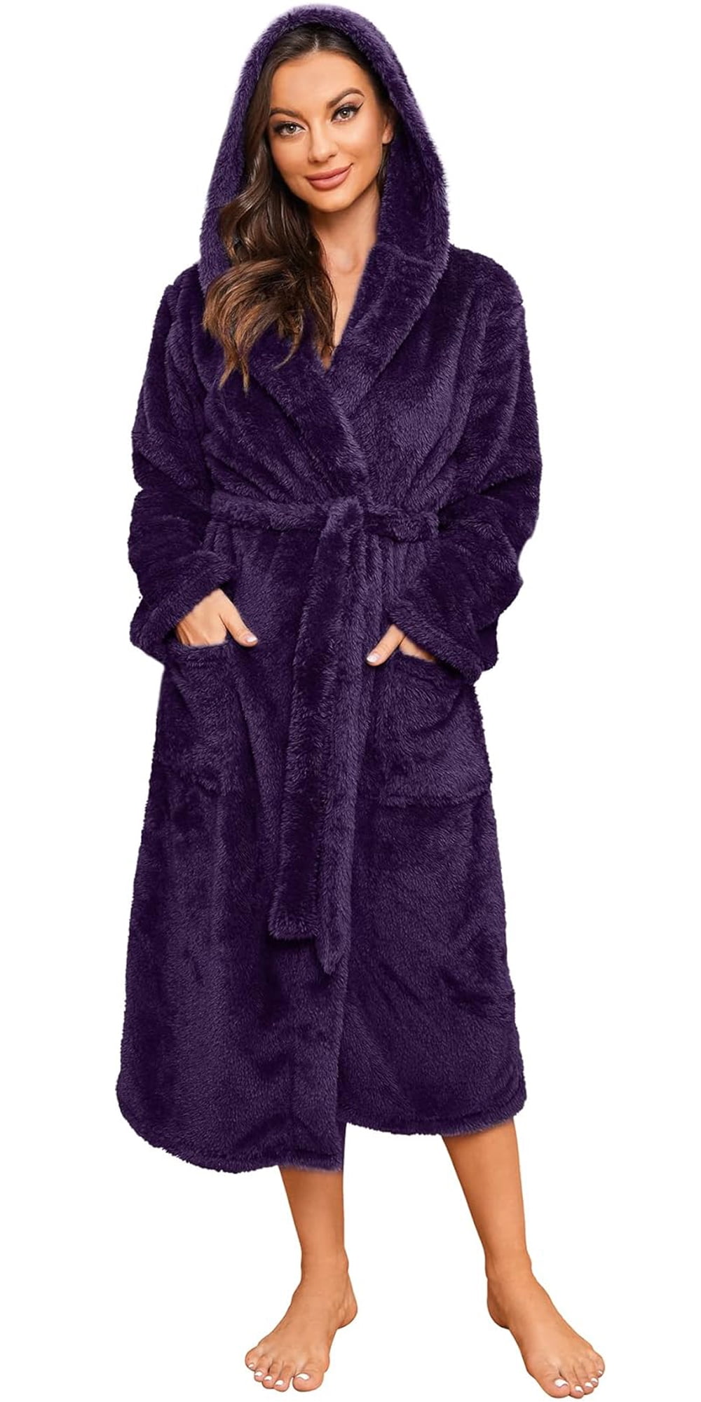 HEARTNICE Womens Hooded Fleece Robe, Long Fluffy Thick Warm Plush ...