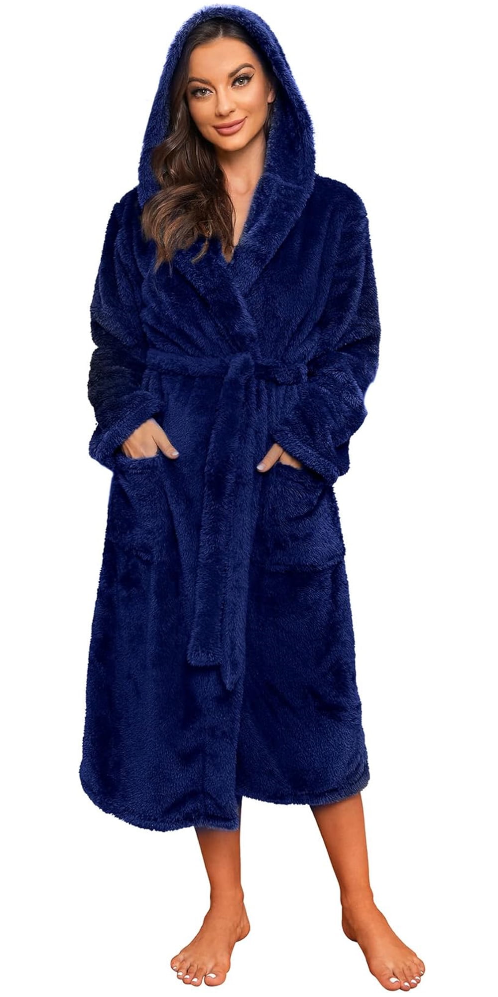 HEARTNICE Womens Hooded Fleece Robe, Long Fluffy Thick Warm Plush Bathrobe,(Navy,L-XL) - Walmart.com