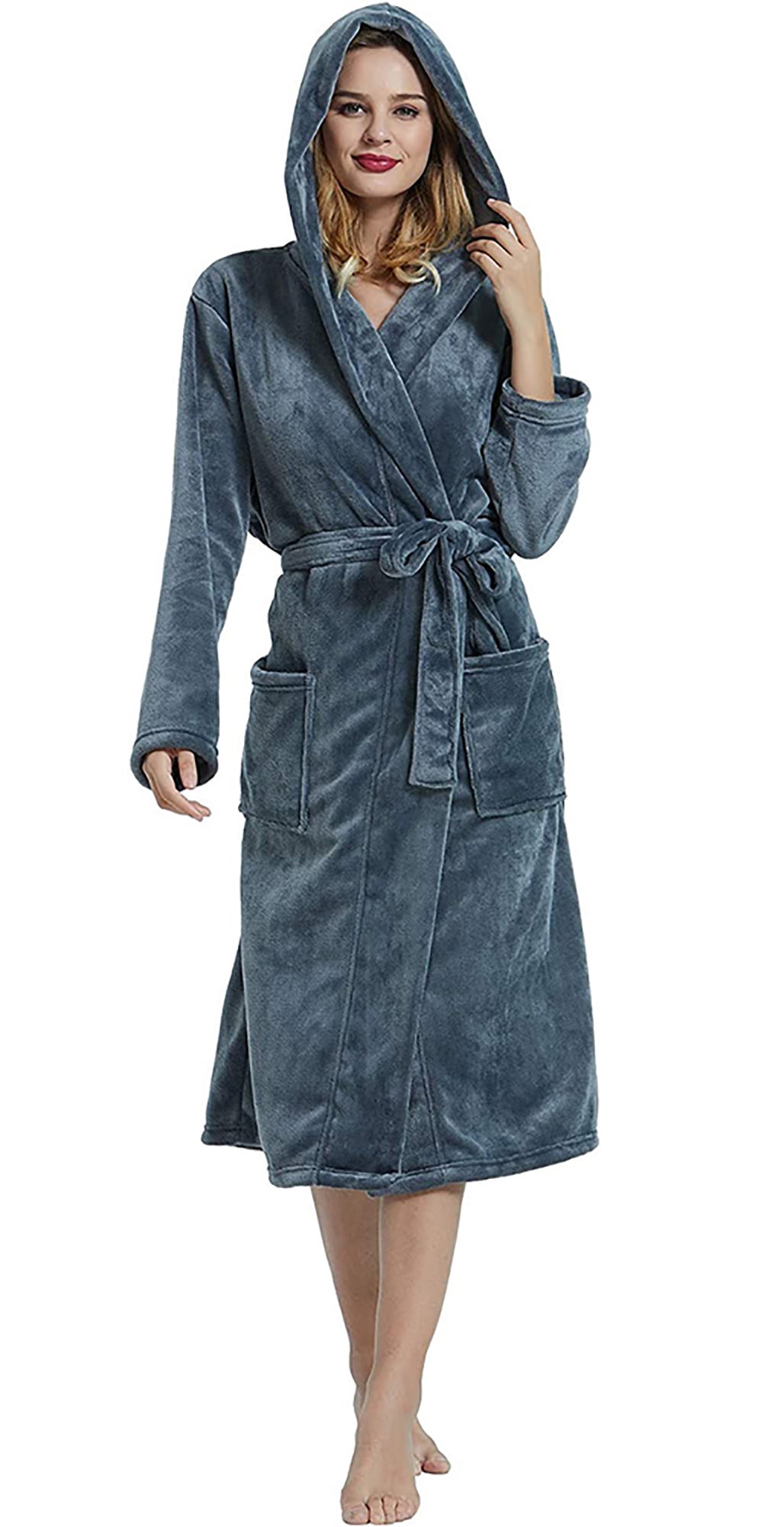 HEARTNICE Womens Hooded Fleece Robe, Plush Bathrobe Soft Warm Long ...