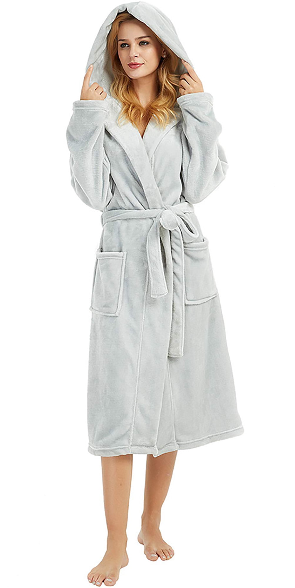 HEARTNICE Womens Hooded Fleece Robe, Plush Bathrobe Soft Warm Long ...