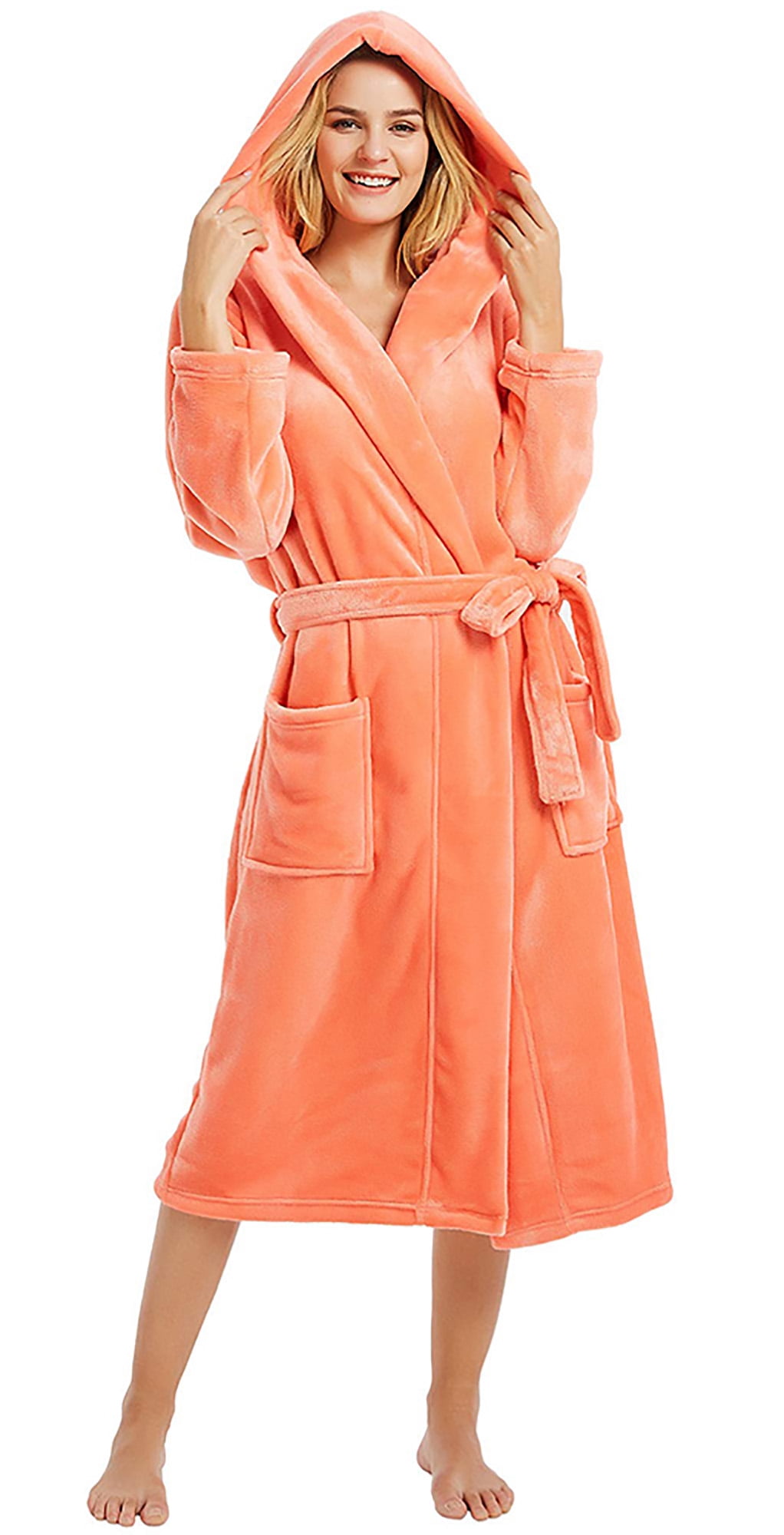 HEARTNICE Womens Hooded Fleece Robe, Plush Bathrobe Soft Warm Long ...