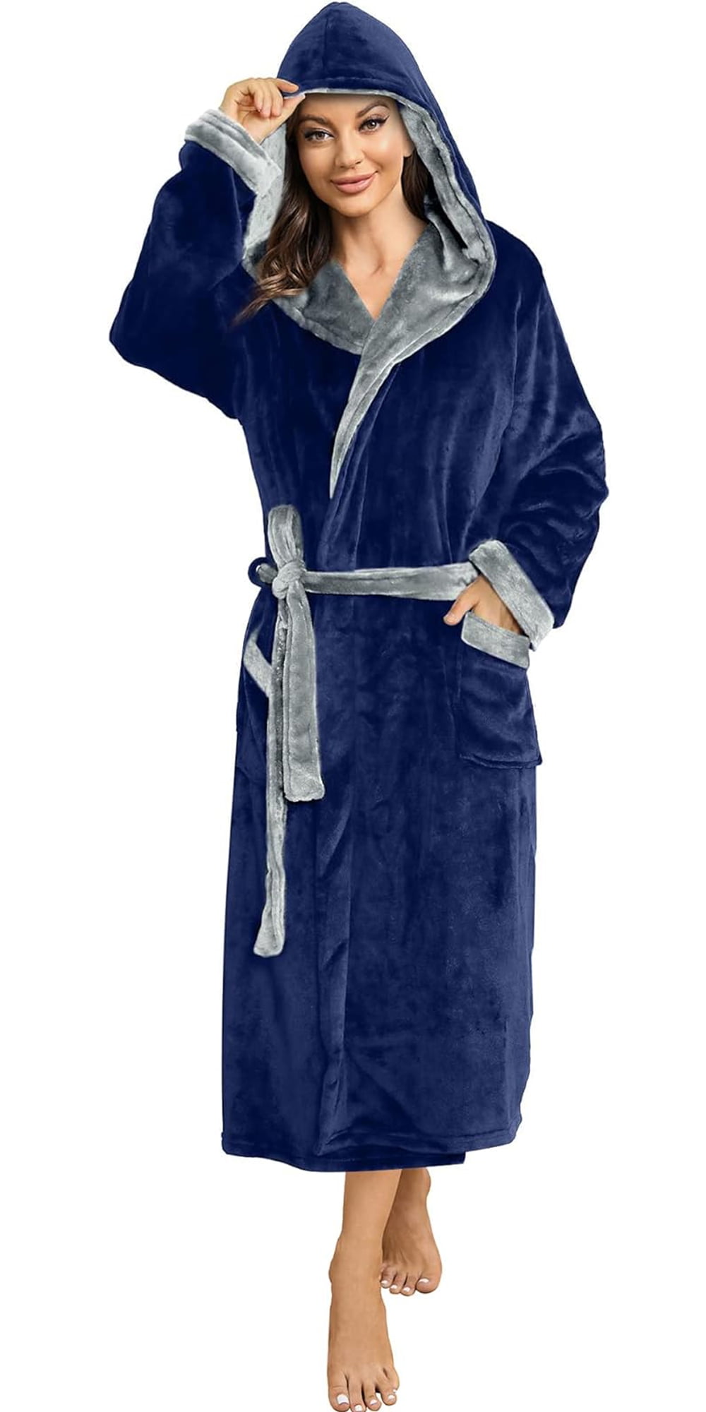 HEARTNICE Womens Hooded Fleece Robe, Soft Plush Shawl Collar Two Tone ...