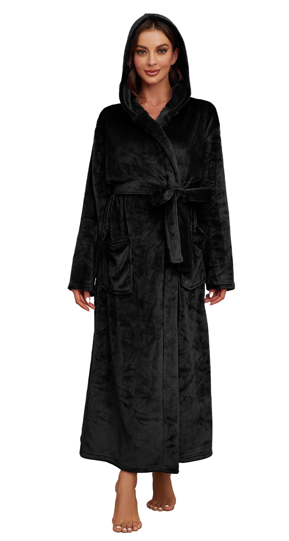 HEARTNICE Fuzzy Women's Hooded Long Robe, Warm Full Length Plush Bathrobe, Black L-XL - Walmart.com