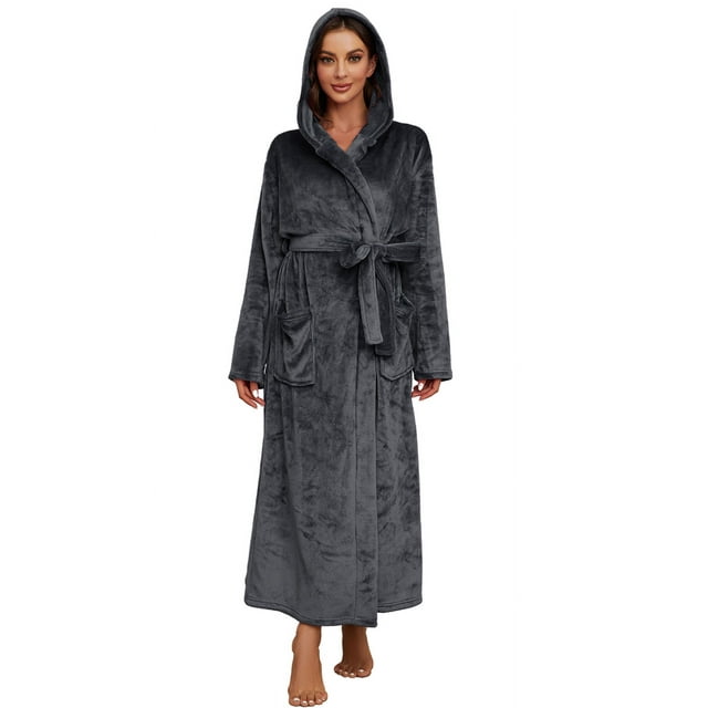HEARTNICE Womens Hooded Long Robe, Soft Warm Fleece Full Length Plush Bathrobes,(Dark Grey L-XL ...