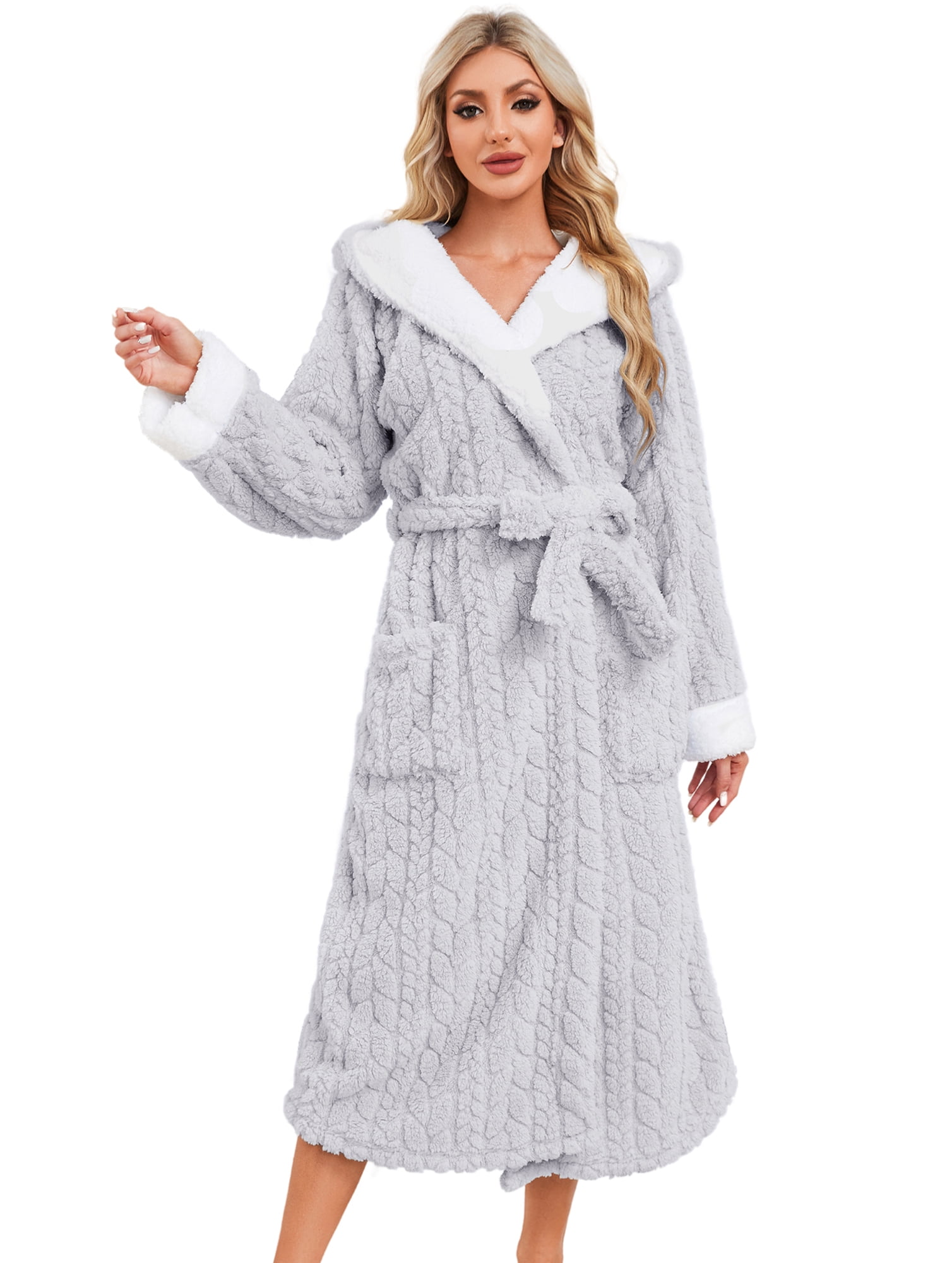 HEARTNICE Womens Plush Hooded Robe, Soft Fluffy Fleece Long Warm ...