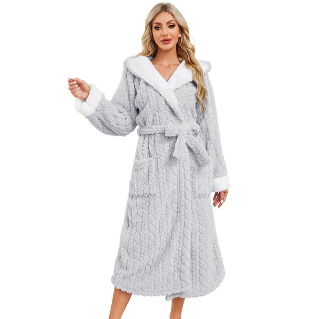 HEARTNICE Womens Plush Hooded Robe, Soft Fluffy Fleece Long Warm Bathrobes,(Light GreyL-XL ...