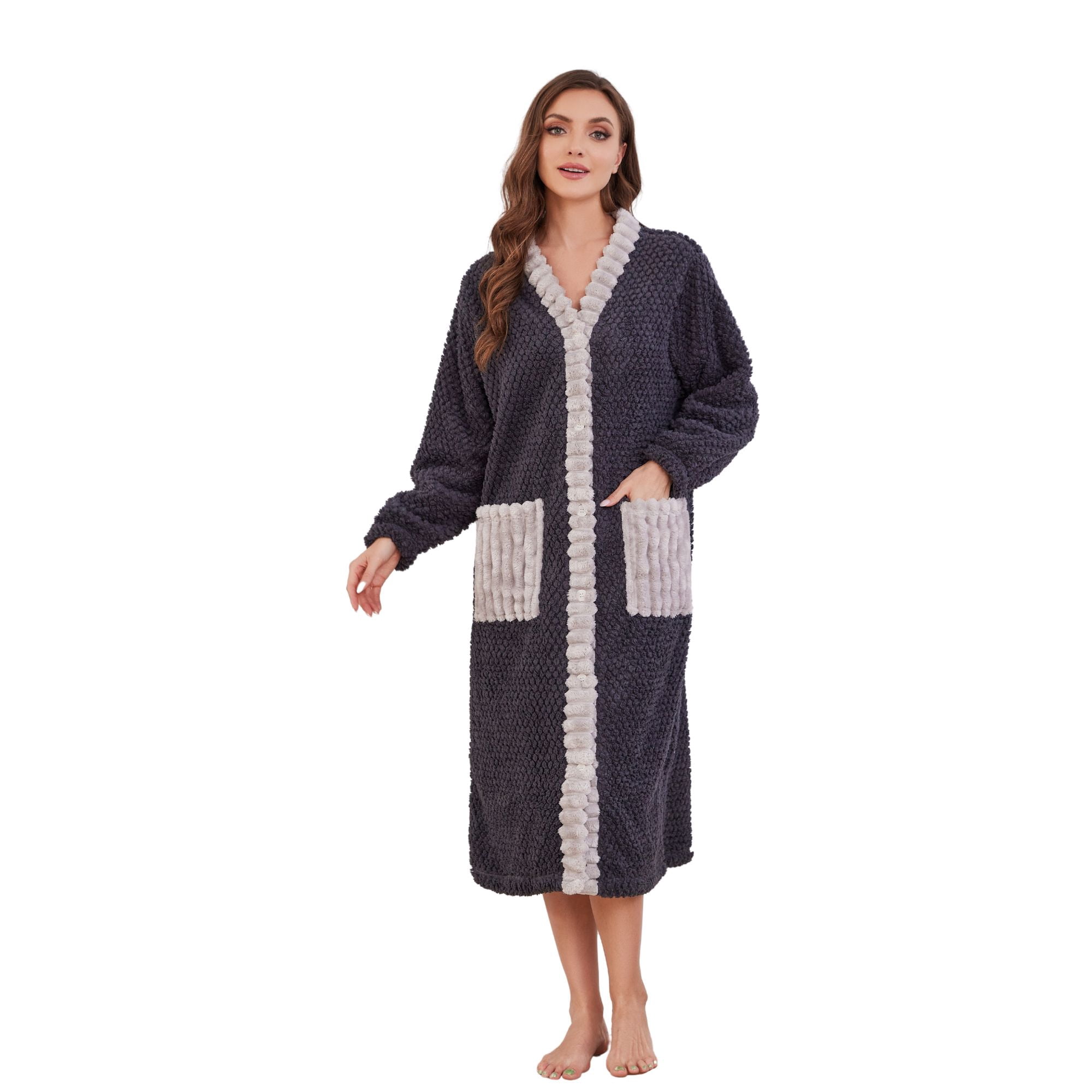 HEARTNICE Womens Plush Robe, Lightweight Fluffy Bathrobe Button Warm ...