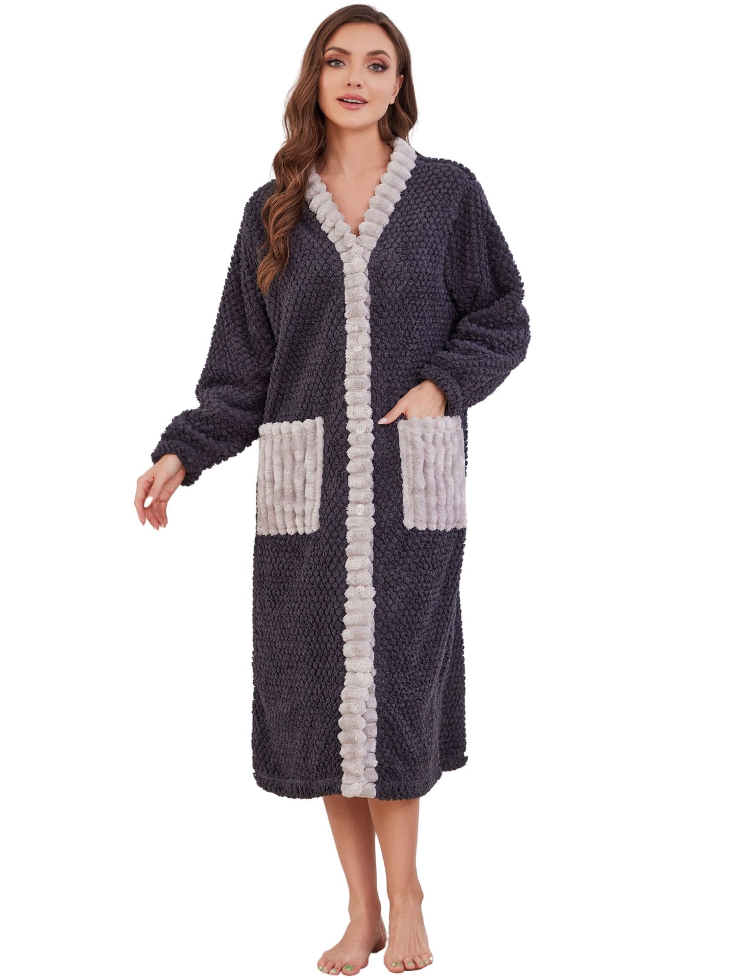 HEARTNICE Womens Plush Robe, Lightweight Fluffy Bathrobe Button Warm ...