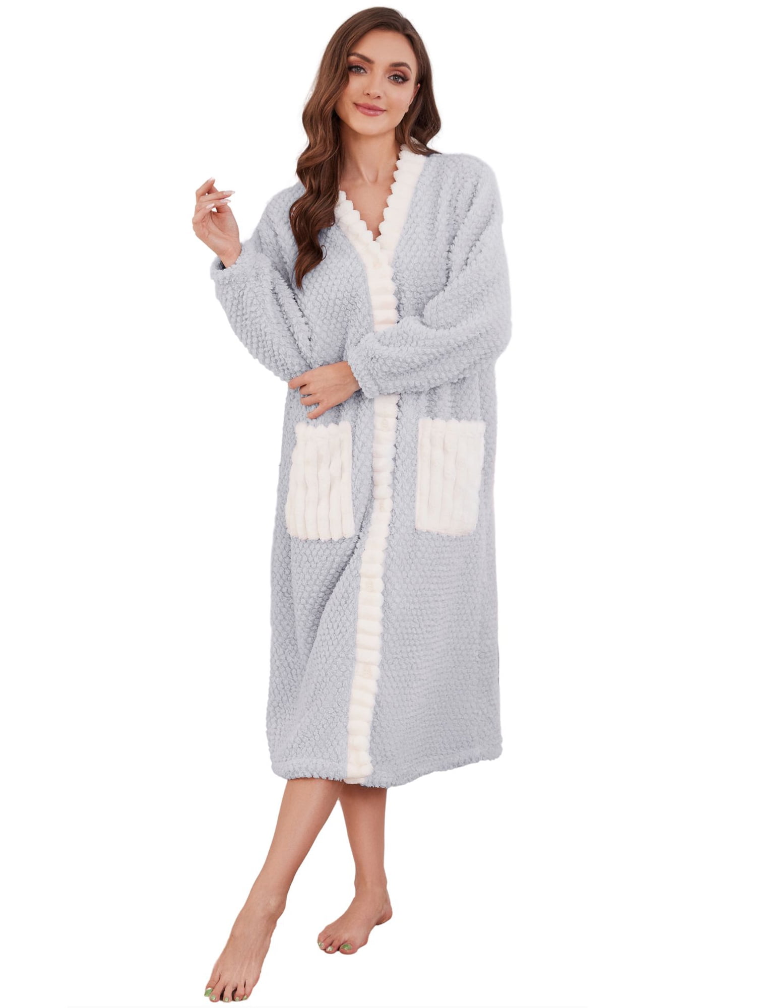 HEARTNICE Womens Plush Robe, Lightweight Fluffy Bathrobe Button Warm ...