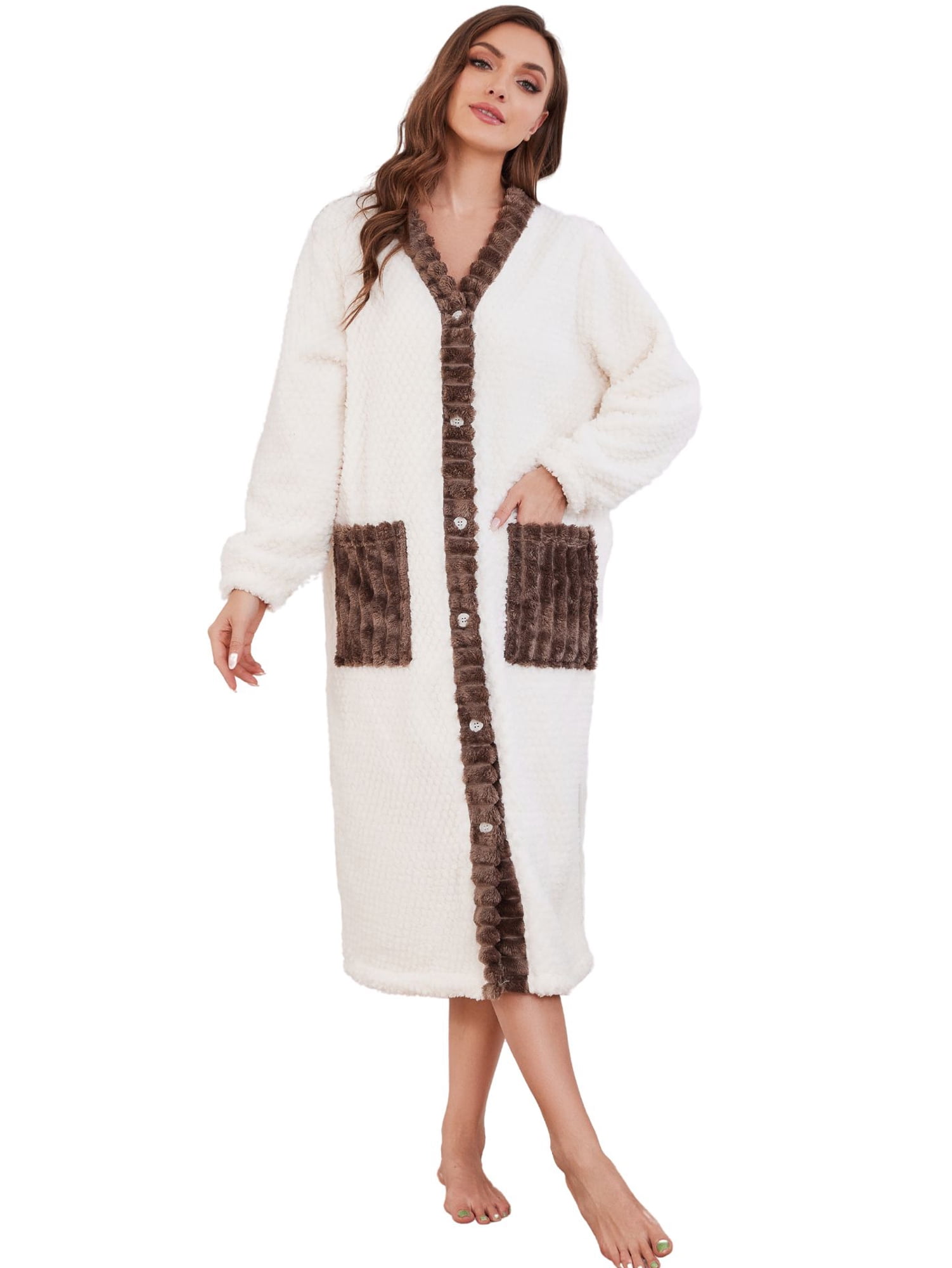 HEARTNICE Womens Plush Robe, Lightweight Fluffy Bathrobe Button Warm ...