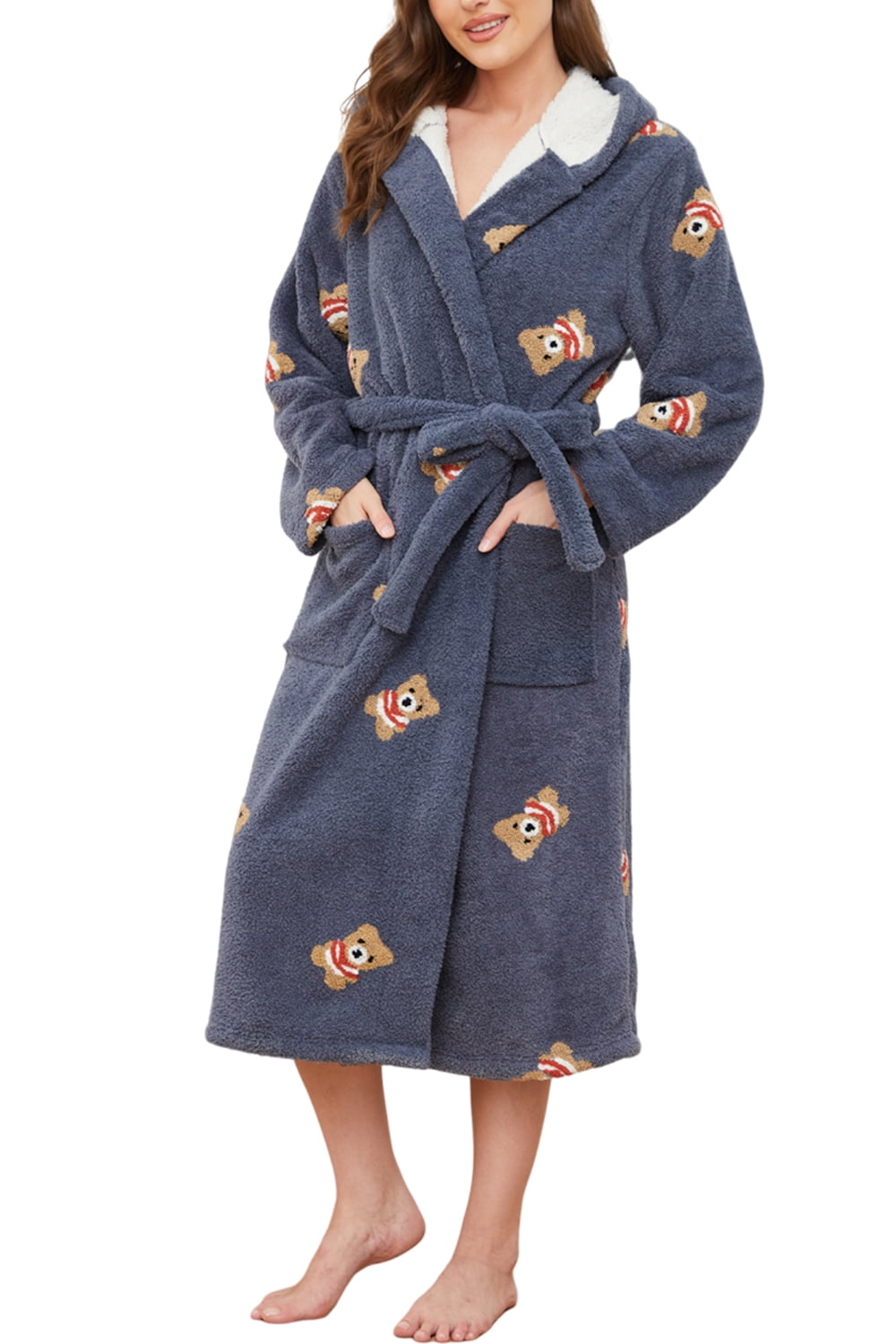 HEARTNICE Womens Plush Robes with Hood, Soft Cute Warm Fleece Bathrobe ...