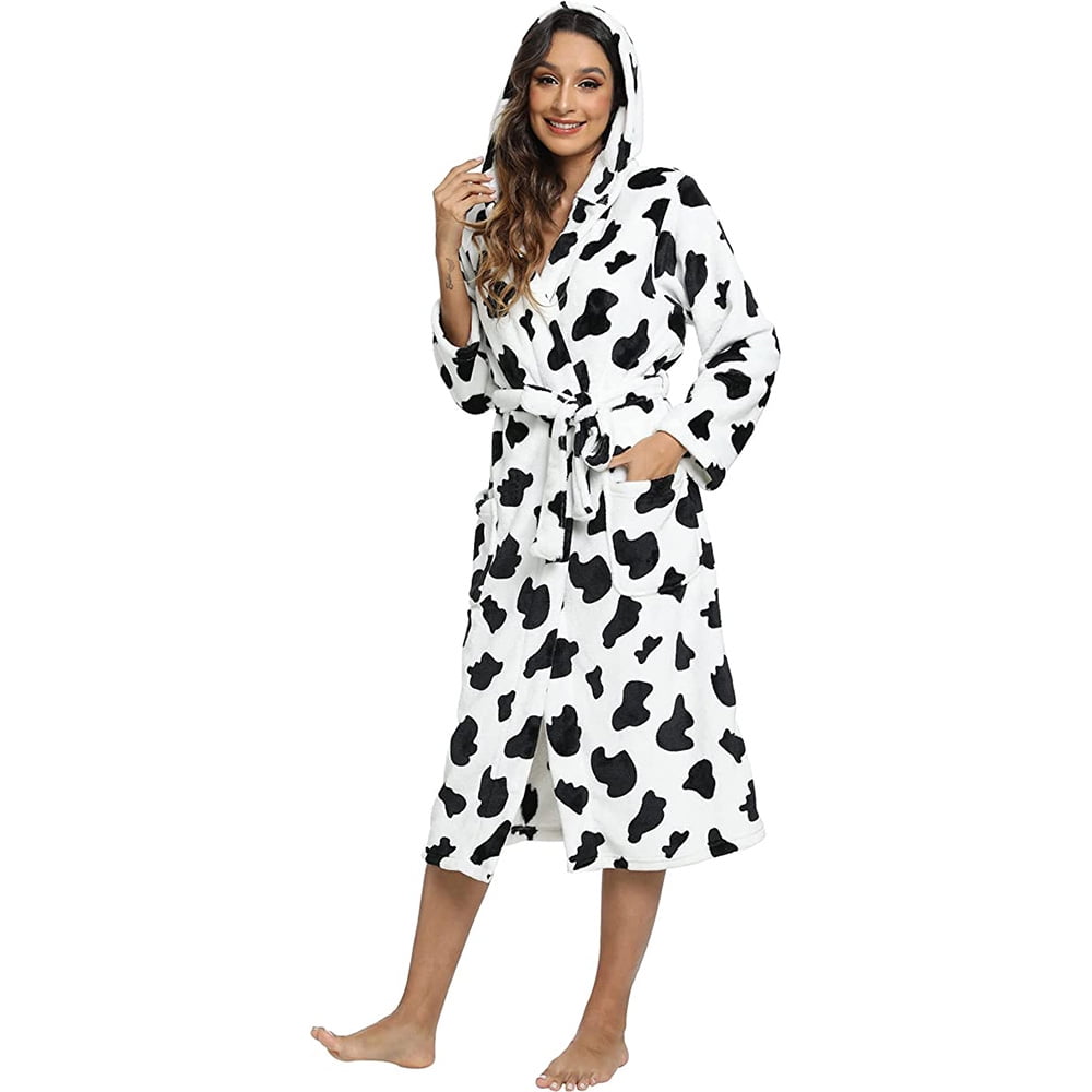 HEARTNICE Womens Robes, Fleece Kimono Long Bathrobe, House Coat, (Cow ...