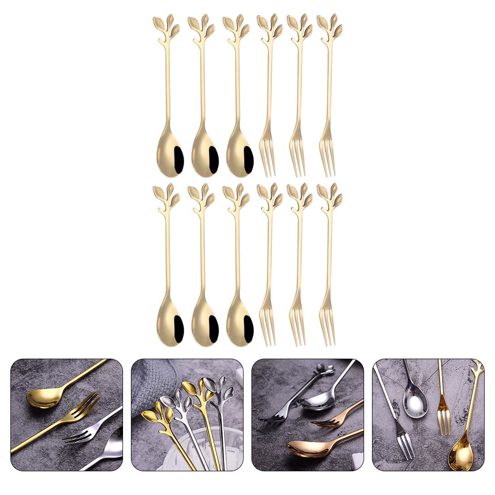 HEATSHAKING 12Pcs Dessert Set Golden Leaf Shaped Handle Stainless Steel ...
