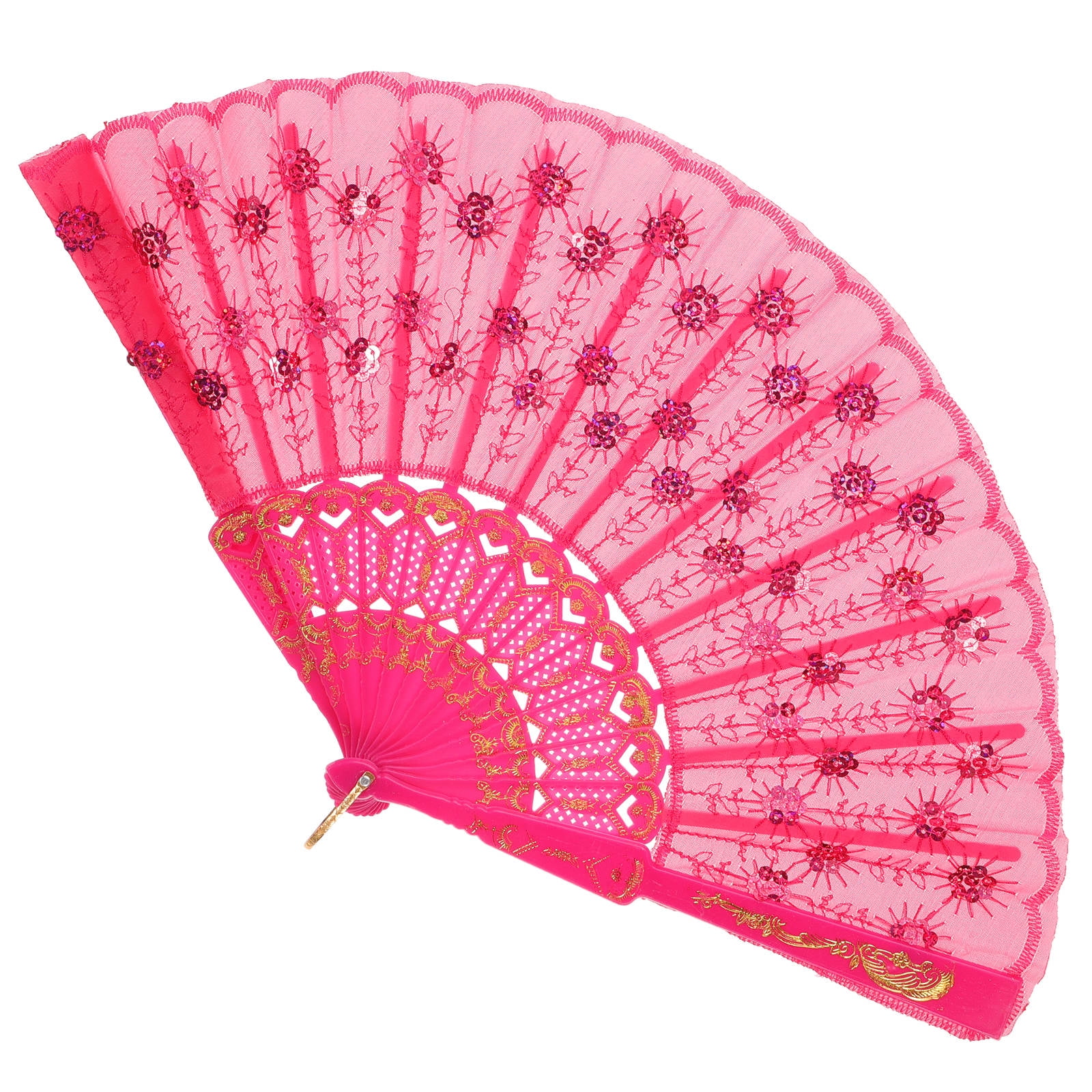 HEATSHAKING 1Set Pink Plastic Lace Sequin Folding Fan For Celebration ...